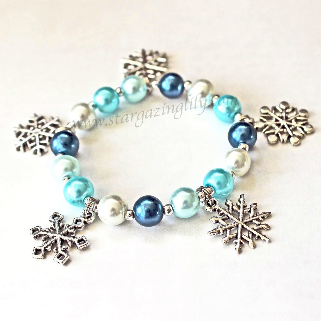 Snowflake Charm Bracelet, Light Blue White Pearls, Jewelry Gift for ...