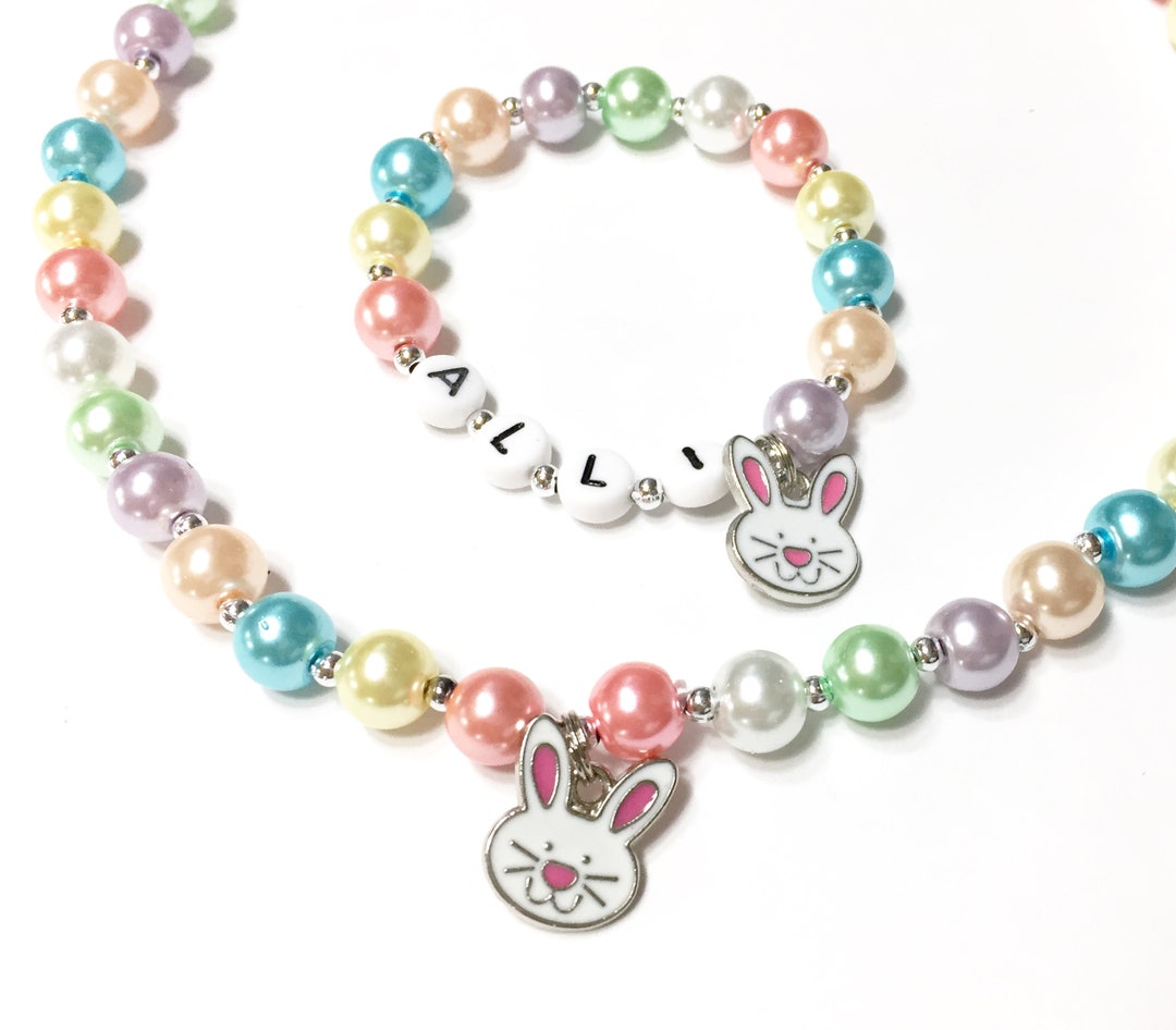 Easter Bunny Charm Bracelet and Necklace Set Personalized Name Necklace ...
