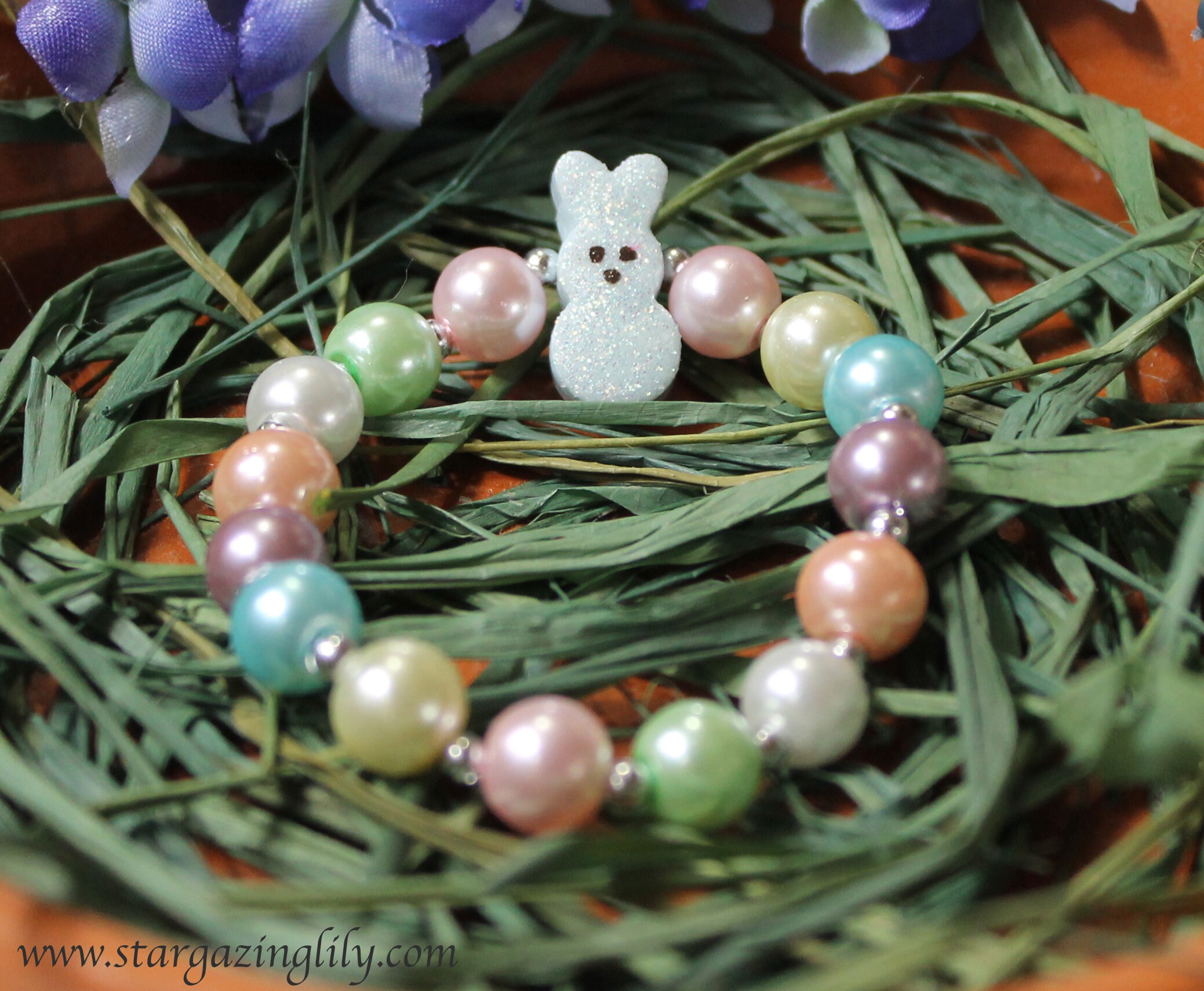 Easter Bunny Peep Style Pearl Bracelet PINK Glitter Bunny Bead ...