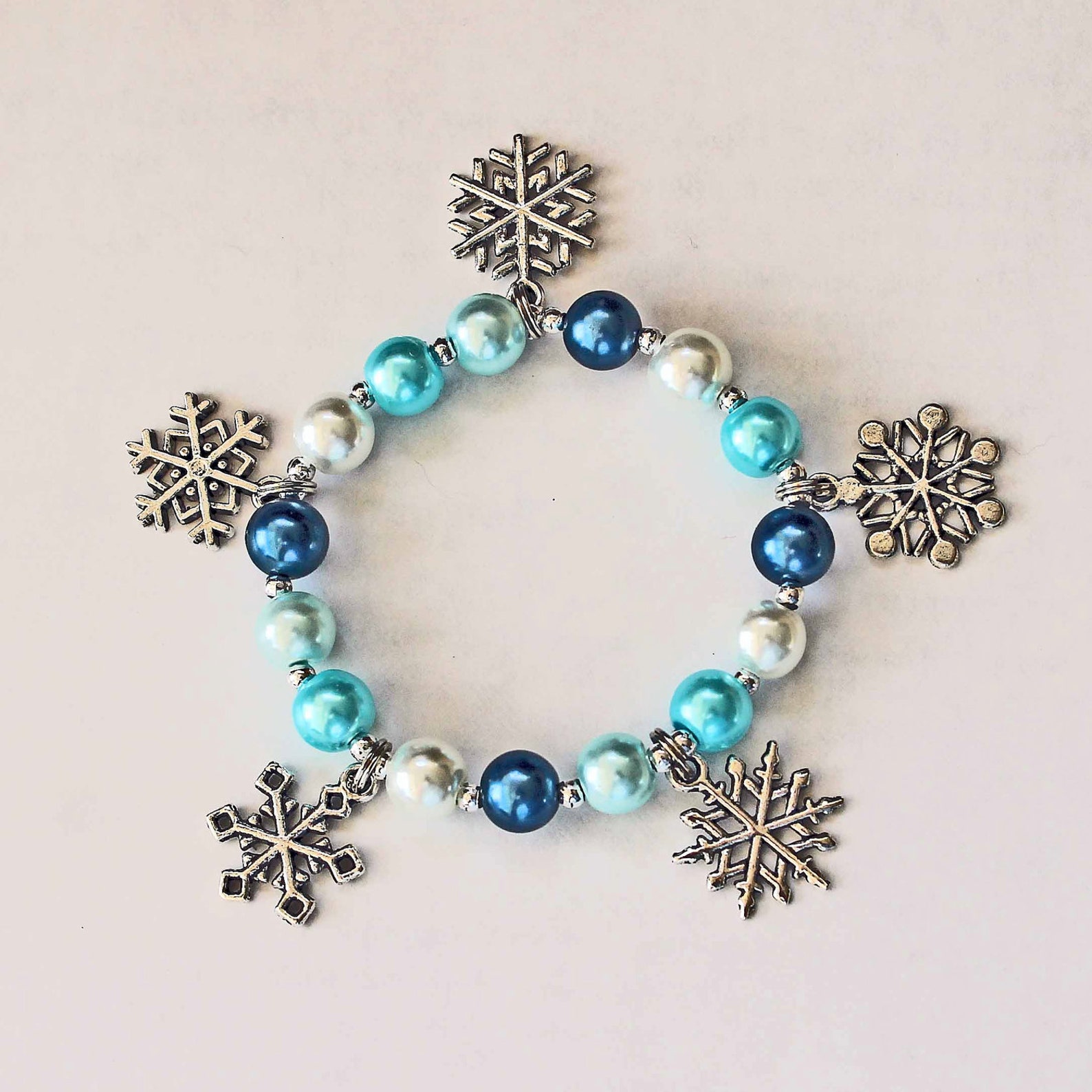 Snowflake Charm Bracelet Light Blue White Pearls Jewelry - Etsy