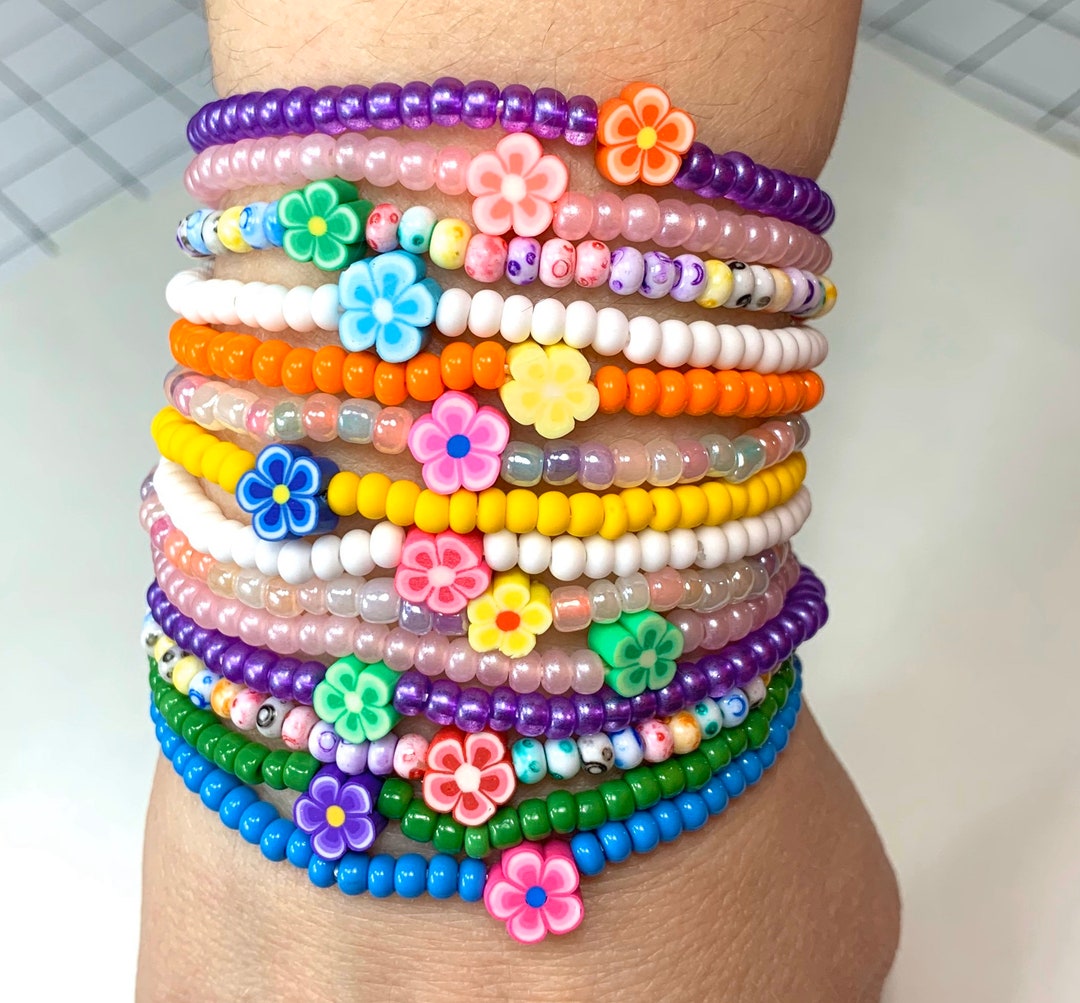 Boho Style Stacking Seed Bead Bracelets With Flowers. Flower Bead ...