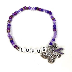 Lupus Awareness Bracelet Personalized Name Bracelet With Purple Ribbon and Butterfly Charm ...