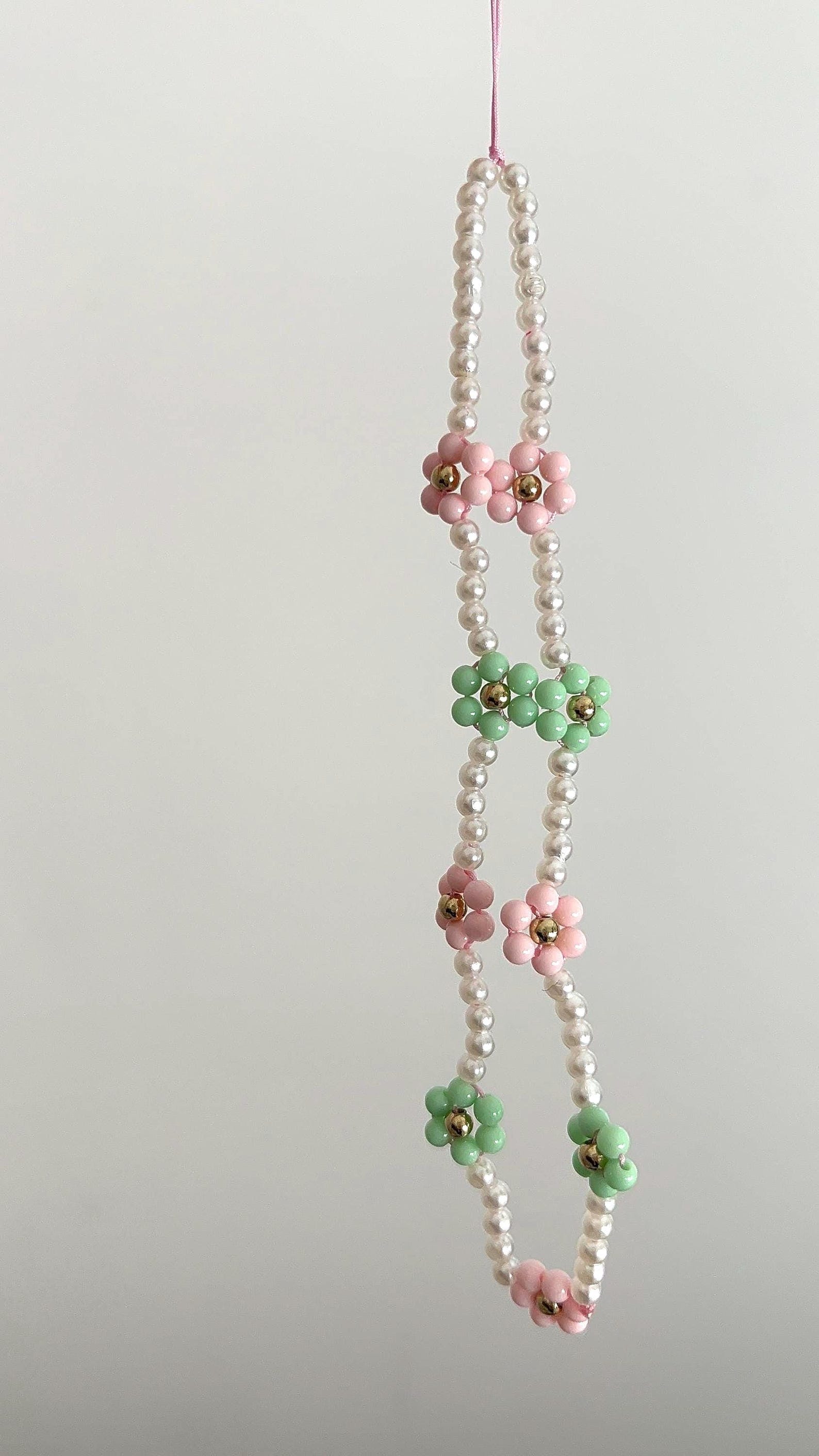 Beaded Flower Phone Strap – Pink & Green Mix | Pearl Wrist Strap for ...