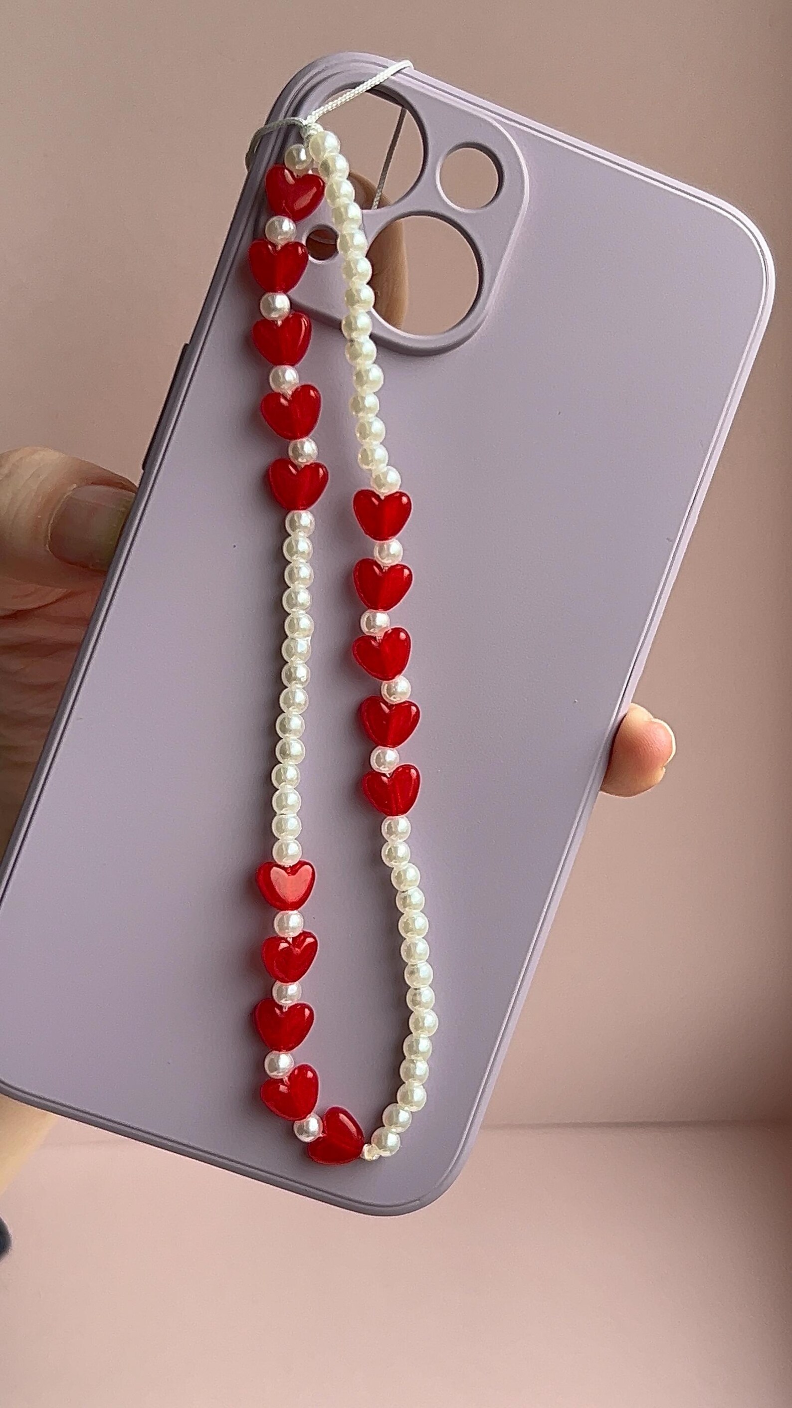Red Heart Beaded Phone Charm, Pearl Phone Wrist Strap, Kawaii Phone ...