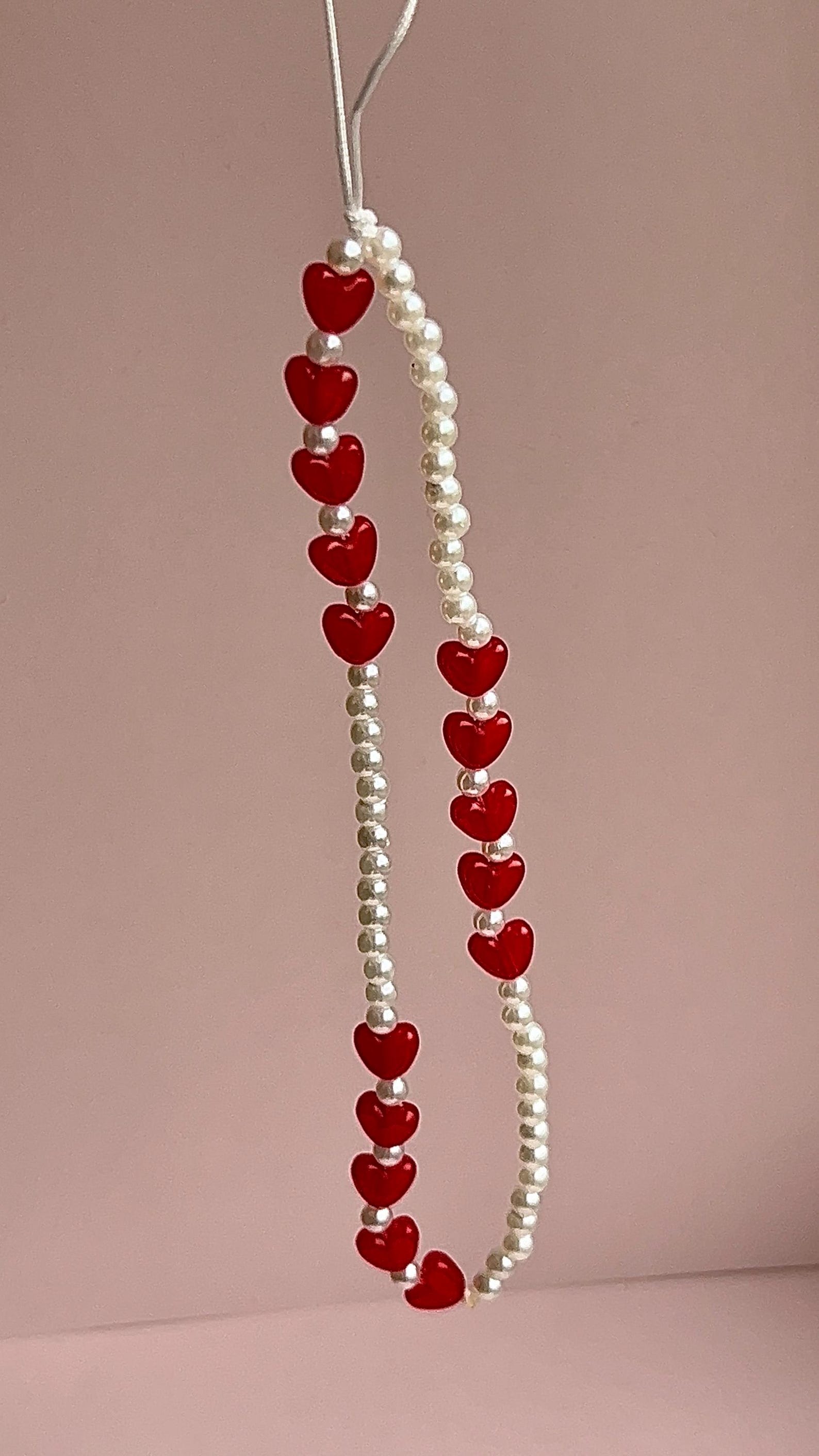 Red Heart Beaded Phone Charm, Pearl Phone Wrist Strap, Kawaii Phone ...