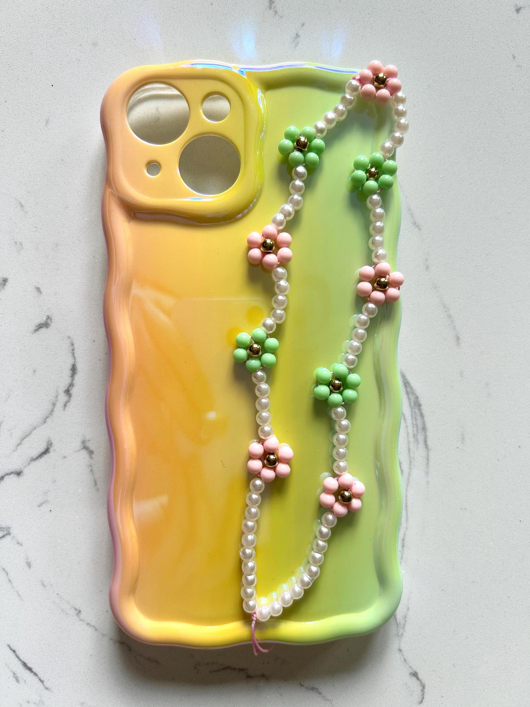 Beaded Flower Phone Strap – Pink & Green Mix | Pearl Wrist Strap for ...
