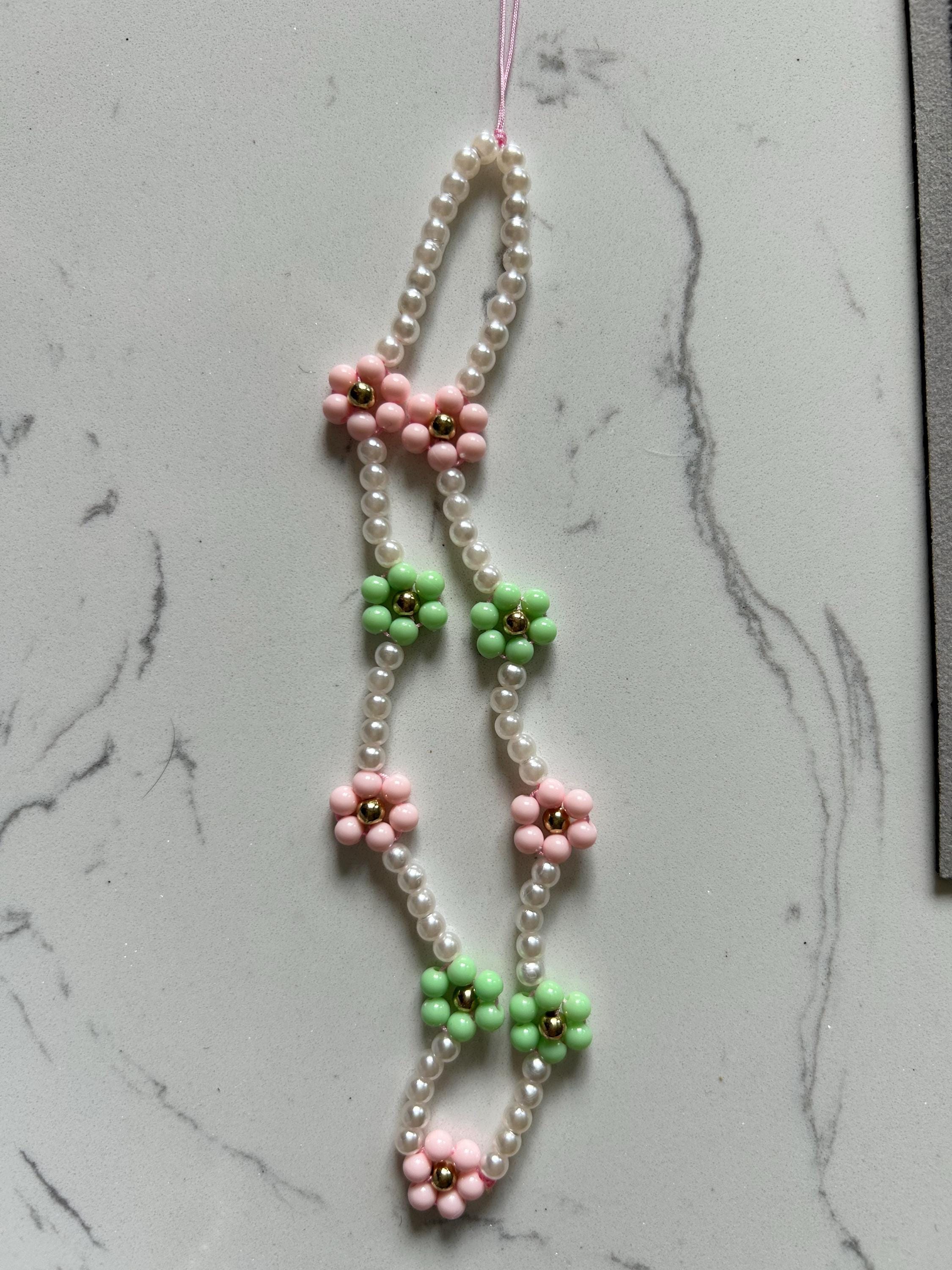 Beaded Flower Phone Strap – Pink & Green Mix | Pearl Wrist Strap for ...