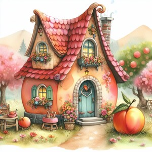 Peach Cottages Whimsical, Forest, Fruit, Digital Art, Card Making ...