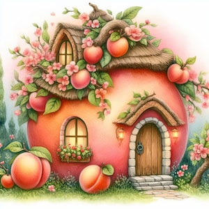 Peach Cottages Whimsical, Forest, Fruit, Digital Art, Card Making ...