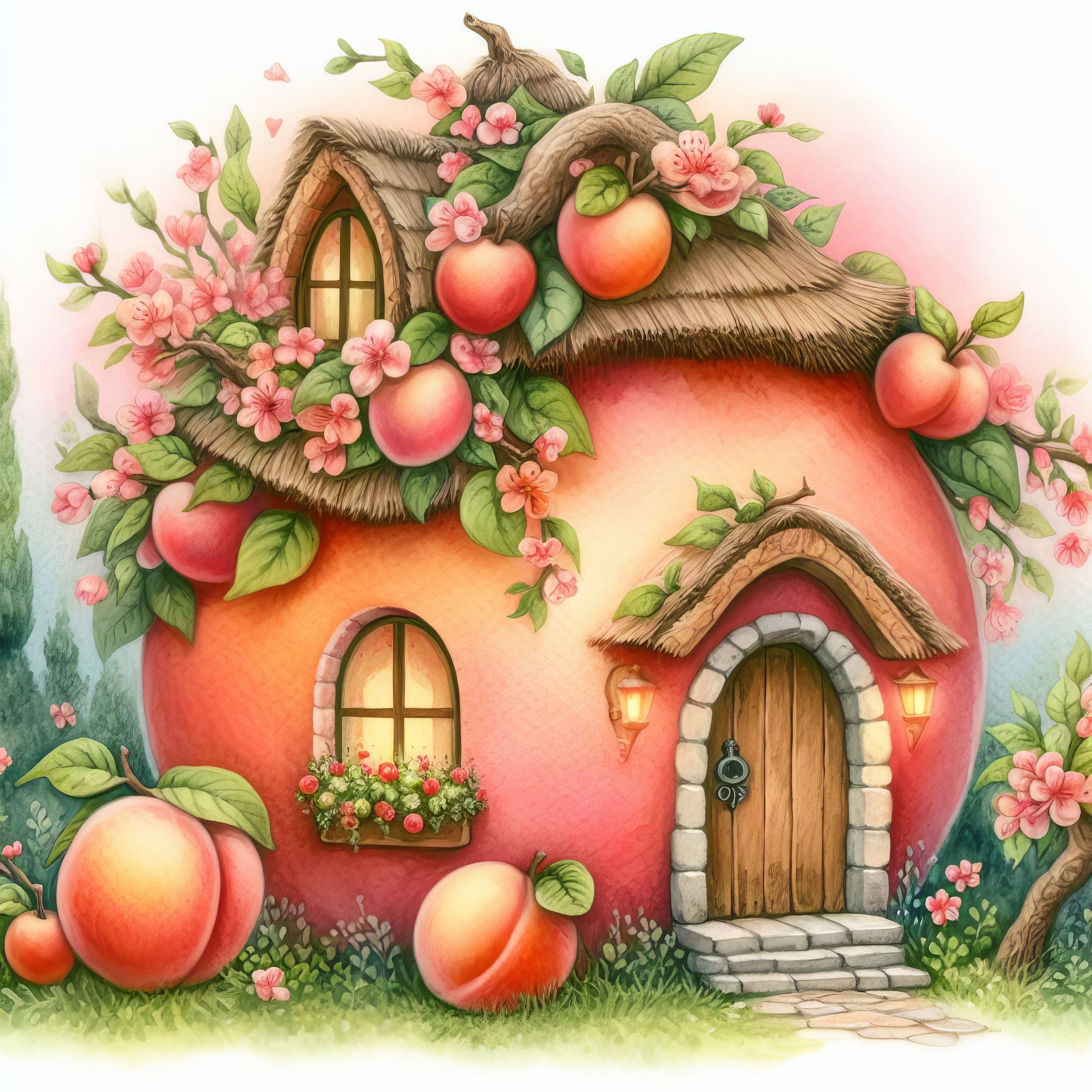 Peach Cottages Whimsical, Forest, Fruit, Digital Art, Card Making ...