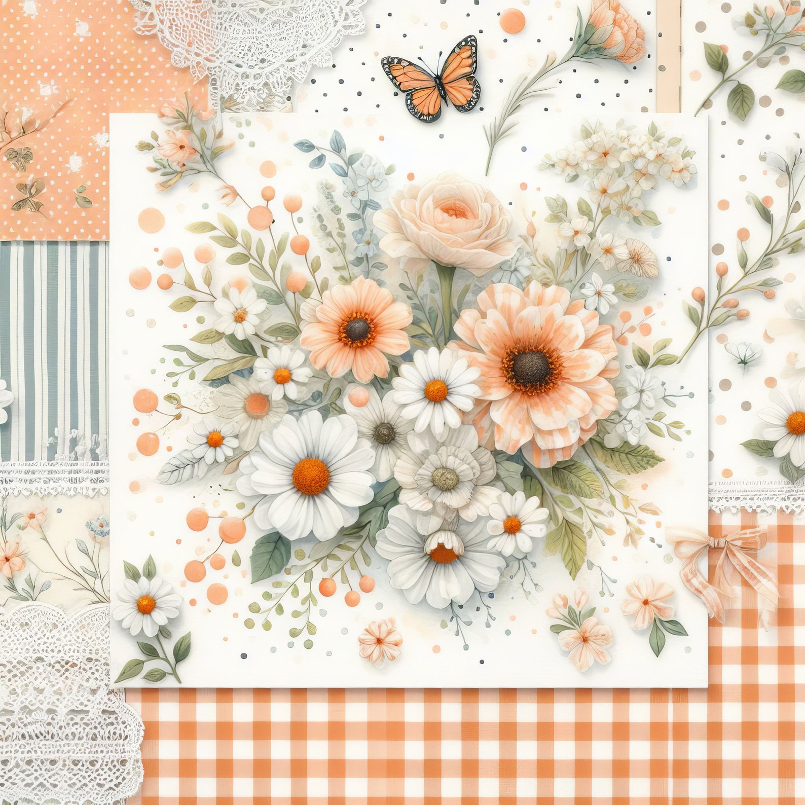 Orange Calico Digital Papers Pastel, Digital Art, Card Making ...