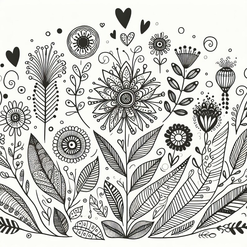 Printable Whimsical Doodle Flowers Coloring Pages Adult Coloring Book ...