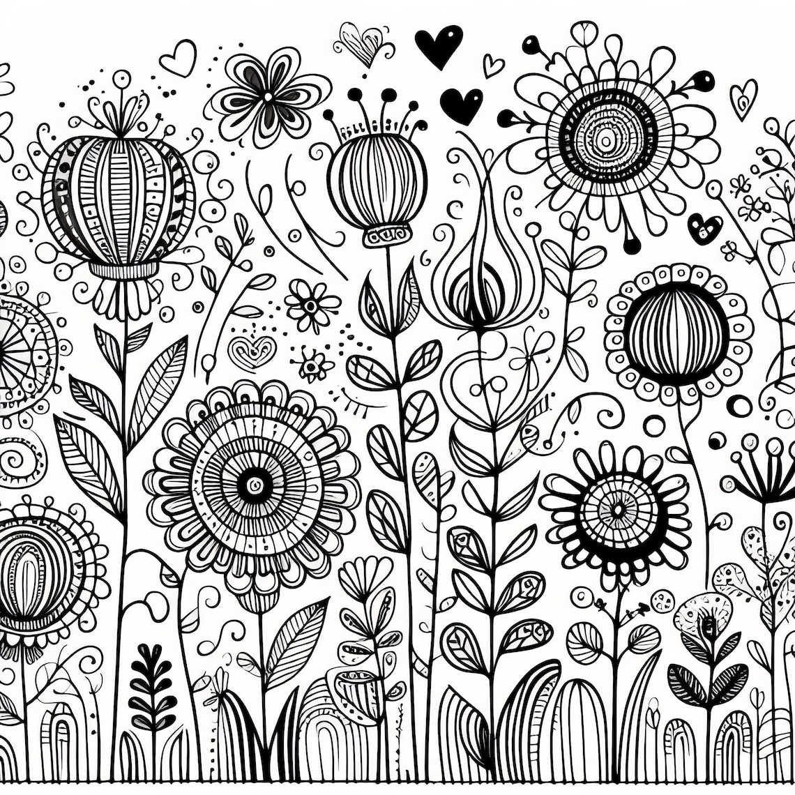 Printable Whimsical Doodle Flowers Coloring Pages Adult Coloring Book ...