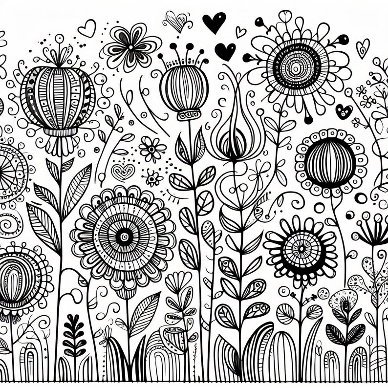 Printable Whimsical Doodle Flowers Coloring Pages Adult Coloring Book ...