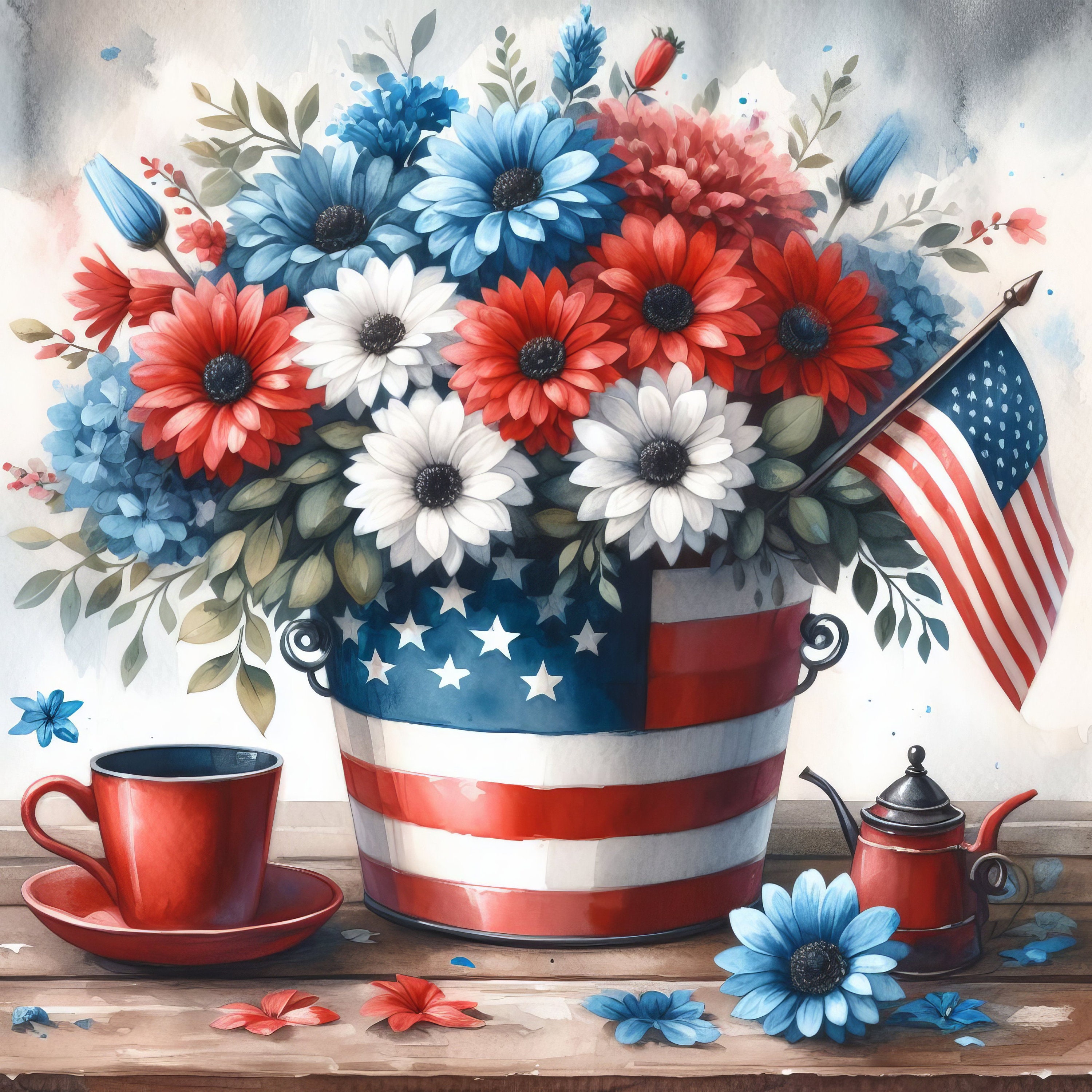 Patriotic Flowers American Flag, July 4th, Digital Art, Card Making ...