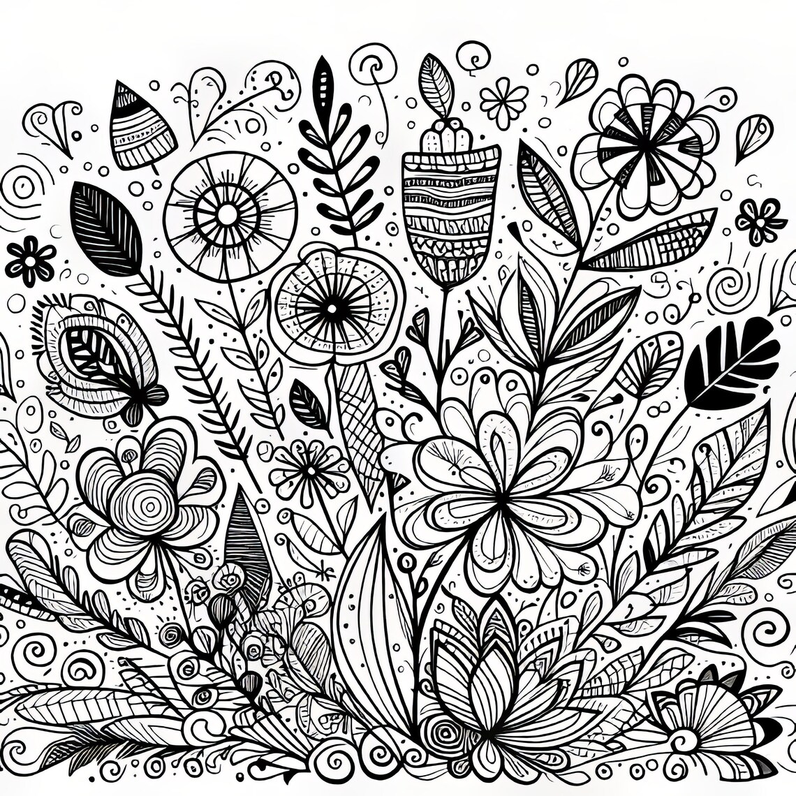 Printable Whimsical Doodle Flowers Coloring Pages Adult Coloring Book ...