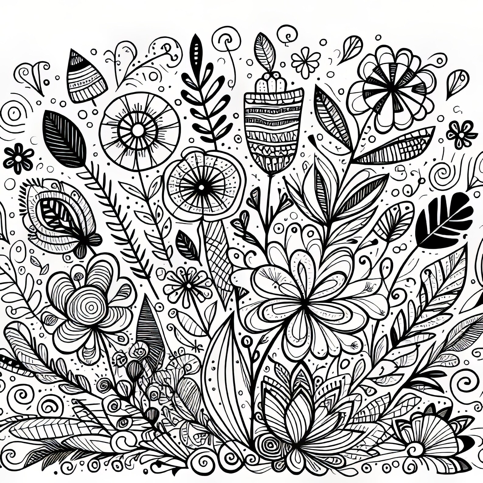 Printable Whimsical Doodle Flowers Coloring Pages Adult Coloring Book ...