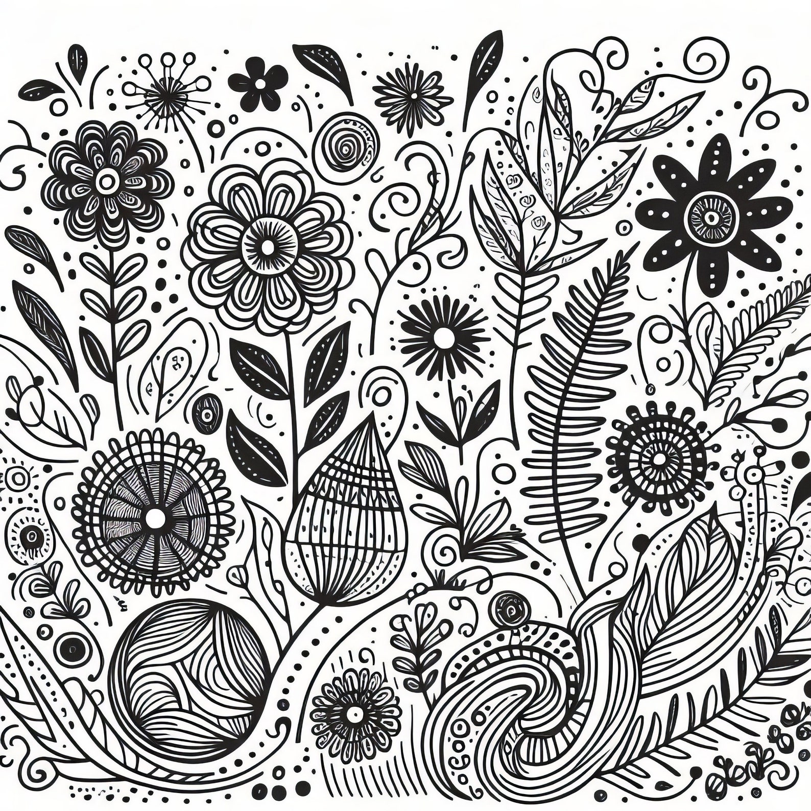 Printable Whimsical Doodle Flowers Coloring Pages Adult Coloring Book ...