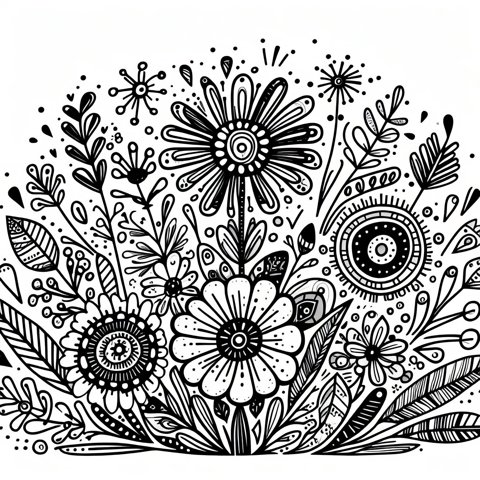 Printable Whimsical Doodle Flowers Coloring Pages Adult Coloring Book ...