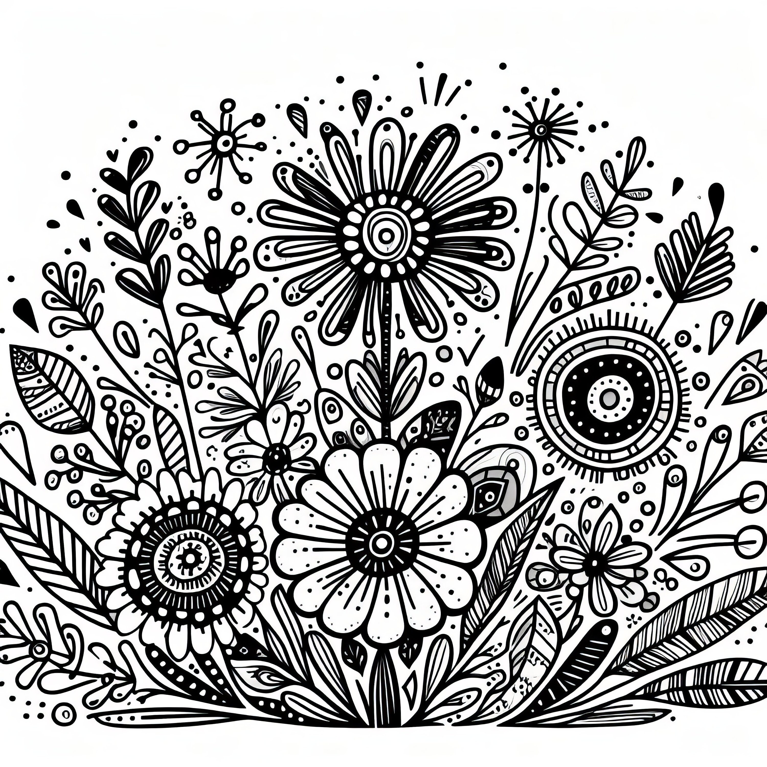 Printable Whimsical Doodle Flowers Coloring Pages Adult Coloring Book ...