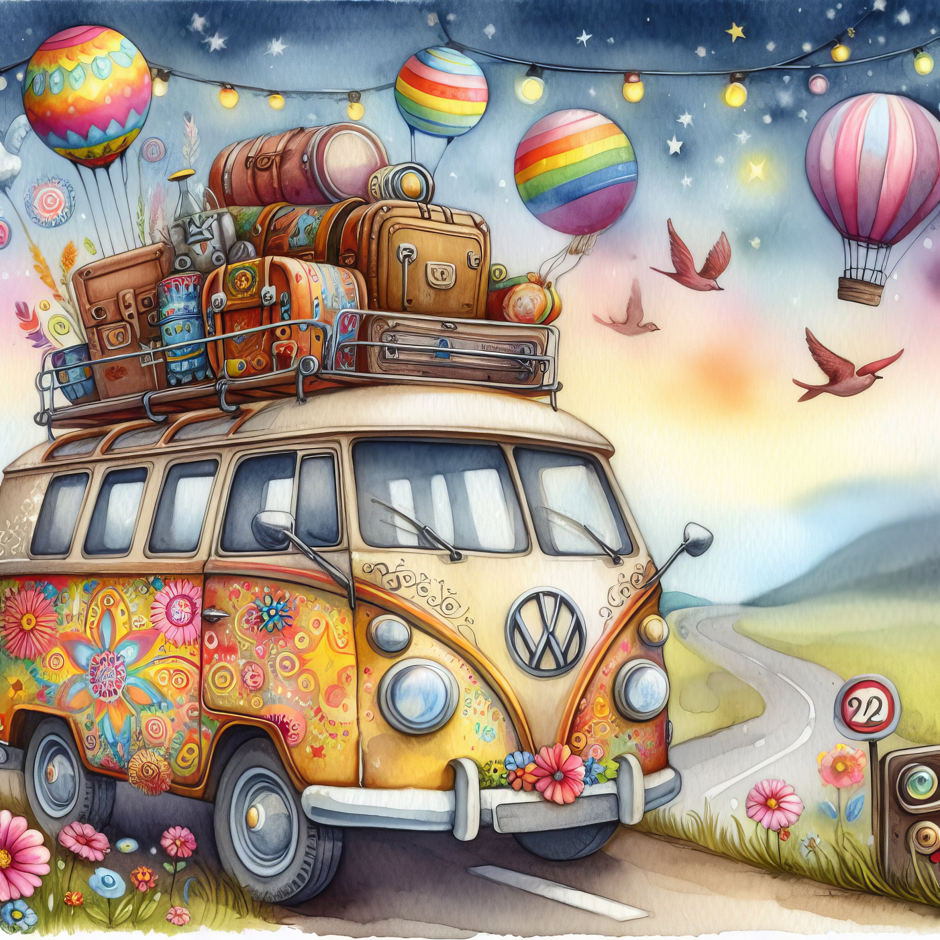 Whimsical Hippie Buses 1960's, Digital Art, Card Making, Scrapbooking, Junk Journaling ...