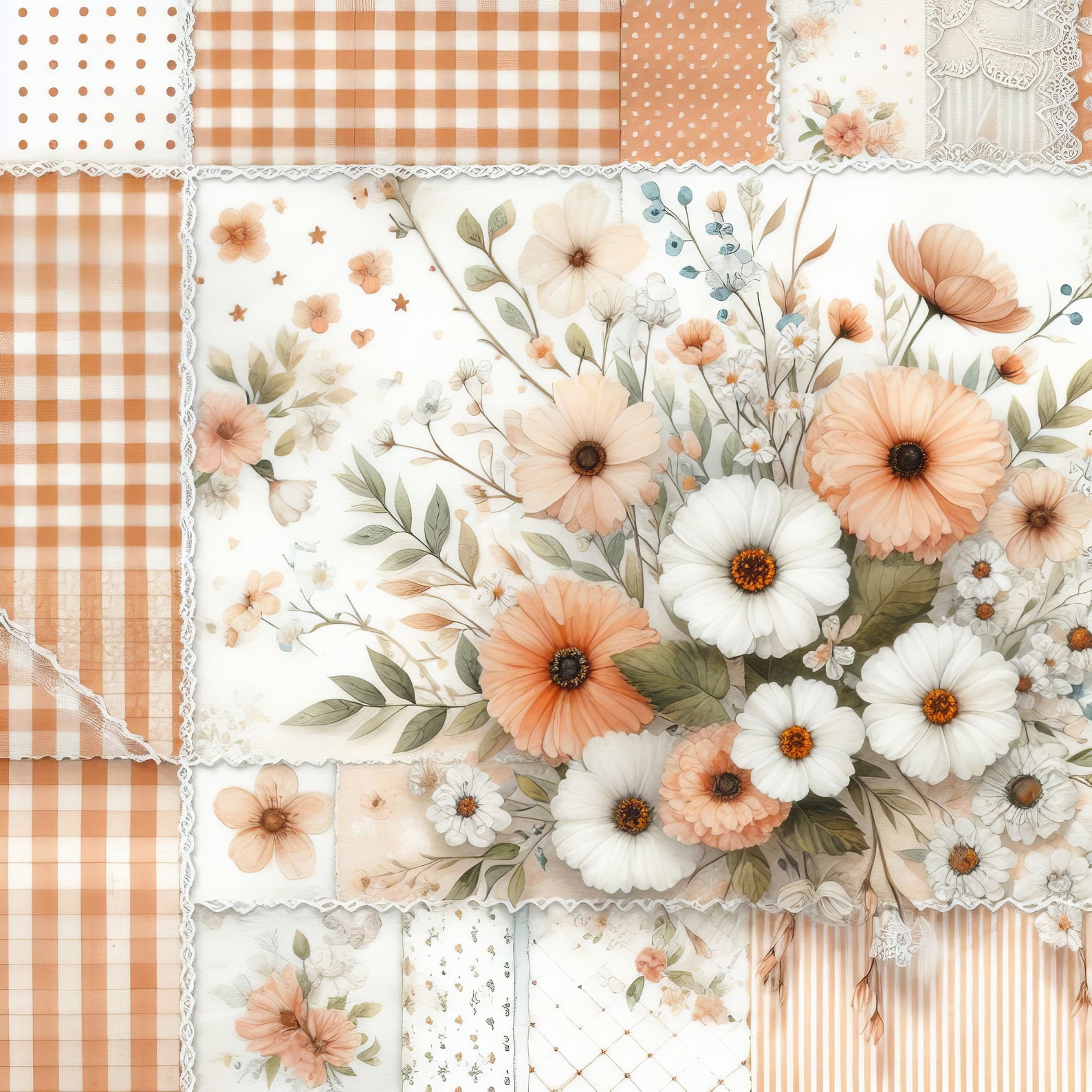 Orange Calico Digital Papers Pastel, Digital Art, Card Making ...