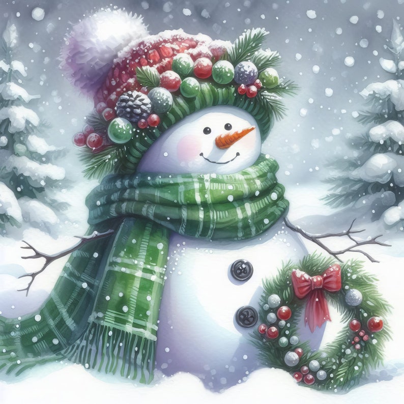 Green Snowmen Wreath, Holiday, Christmas, Winter, Digital Art, Card ...
