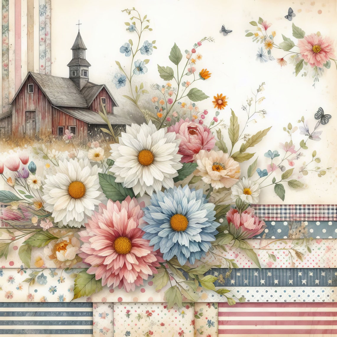 Rustic Barns Calico Digital Papers Farmhouse, Digital Art, Card Making ...