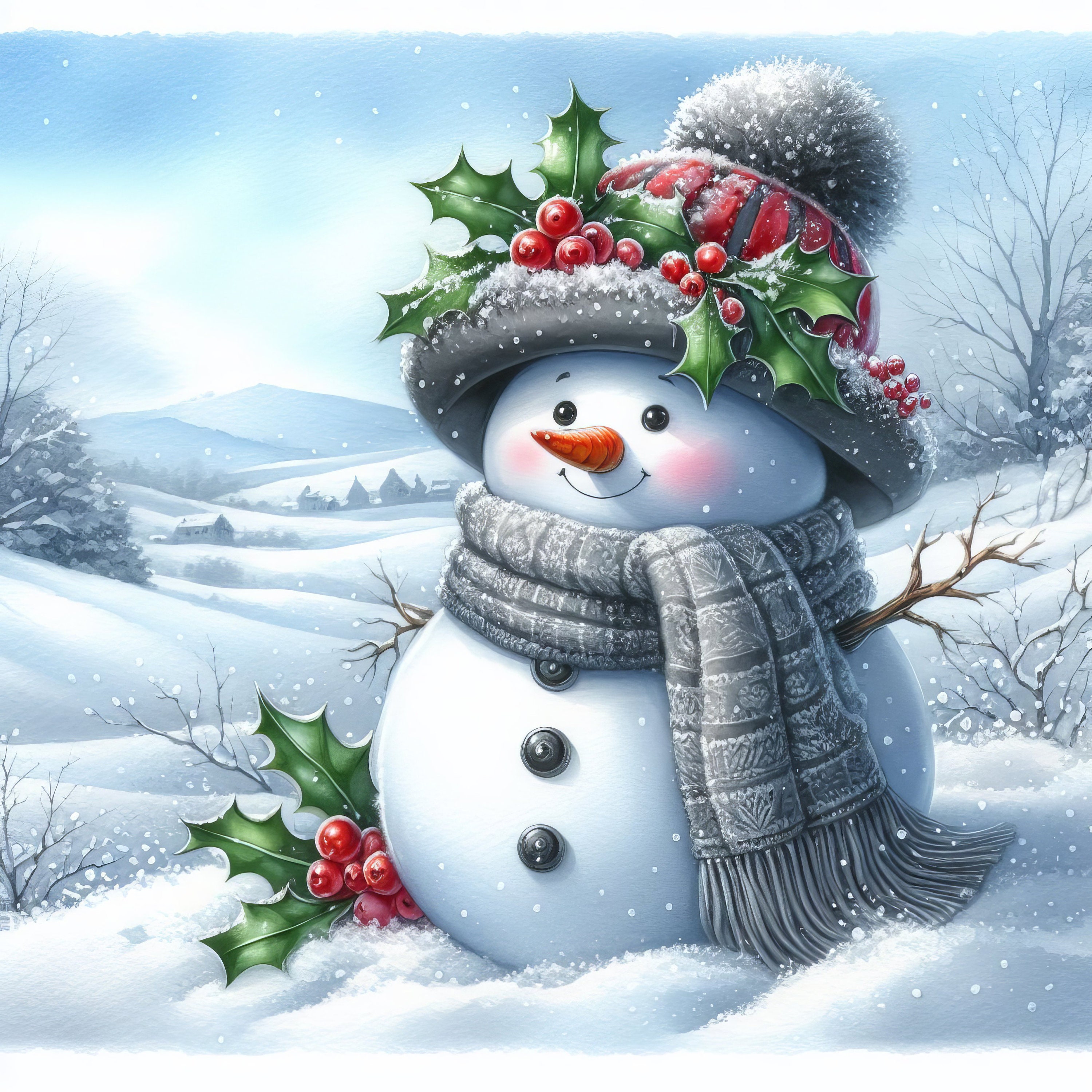 Silver Snowmen Holly, Berries, Christmas, Winter, Digital Art, Card ...