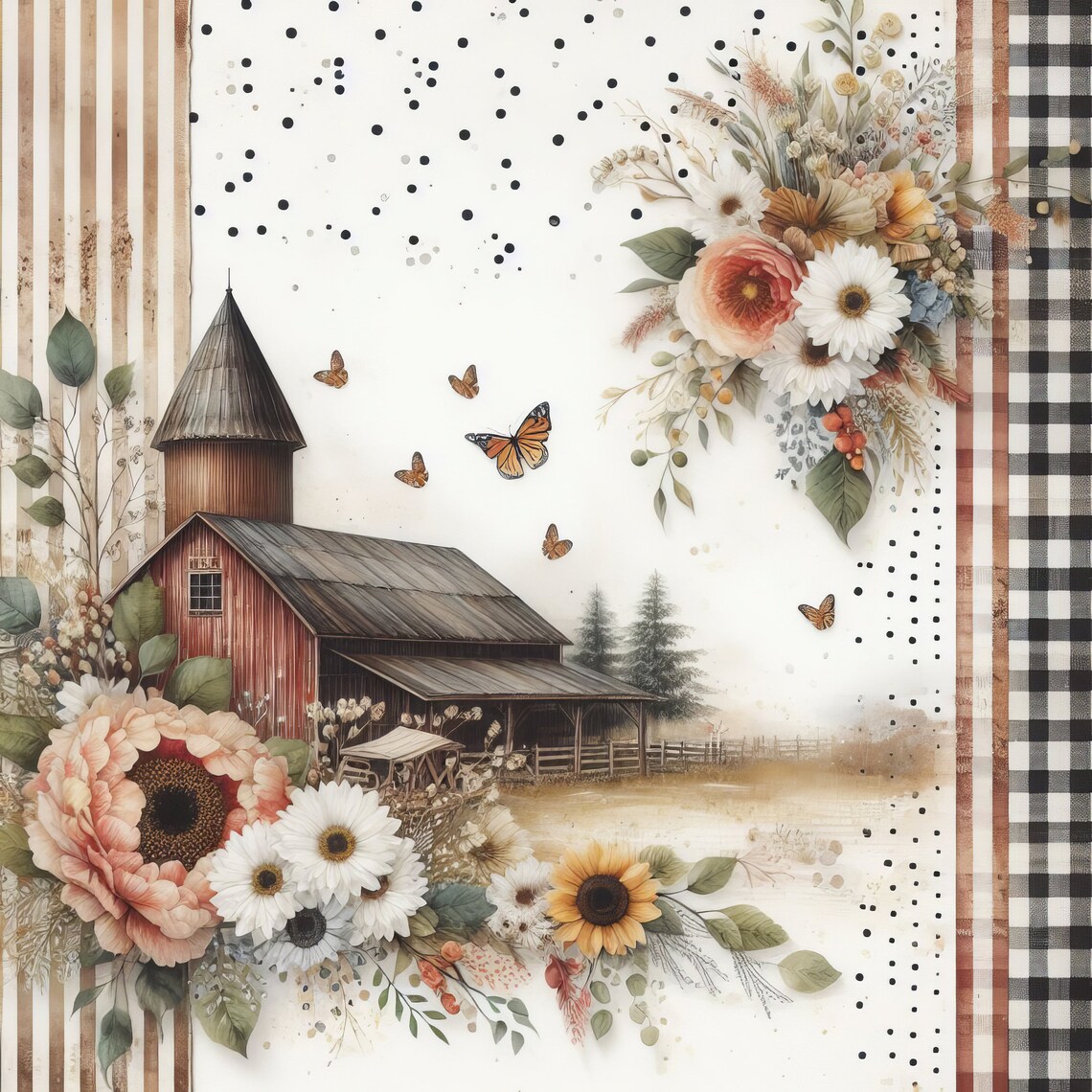 Rustic Barns Calico Digital Papers Farmhouse, Digital Art, Card Making ...