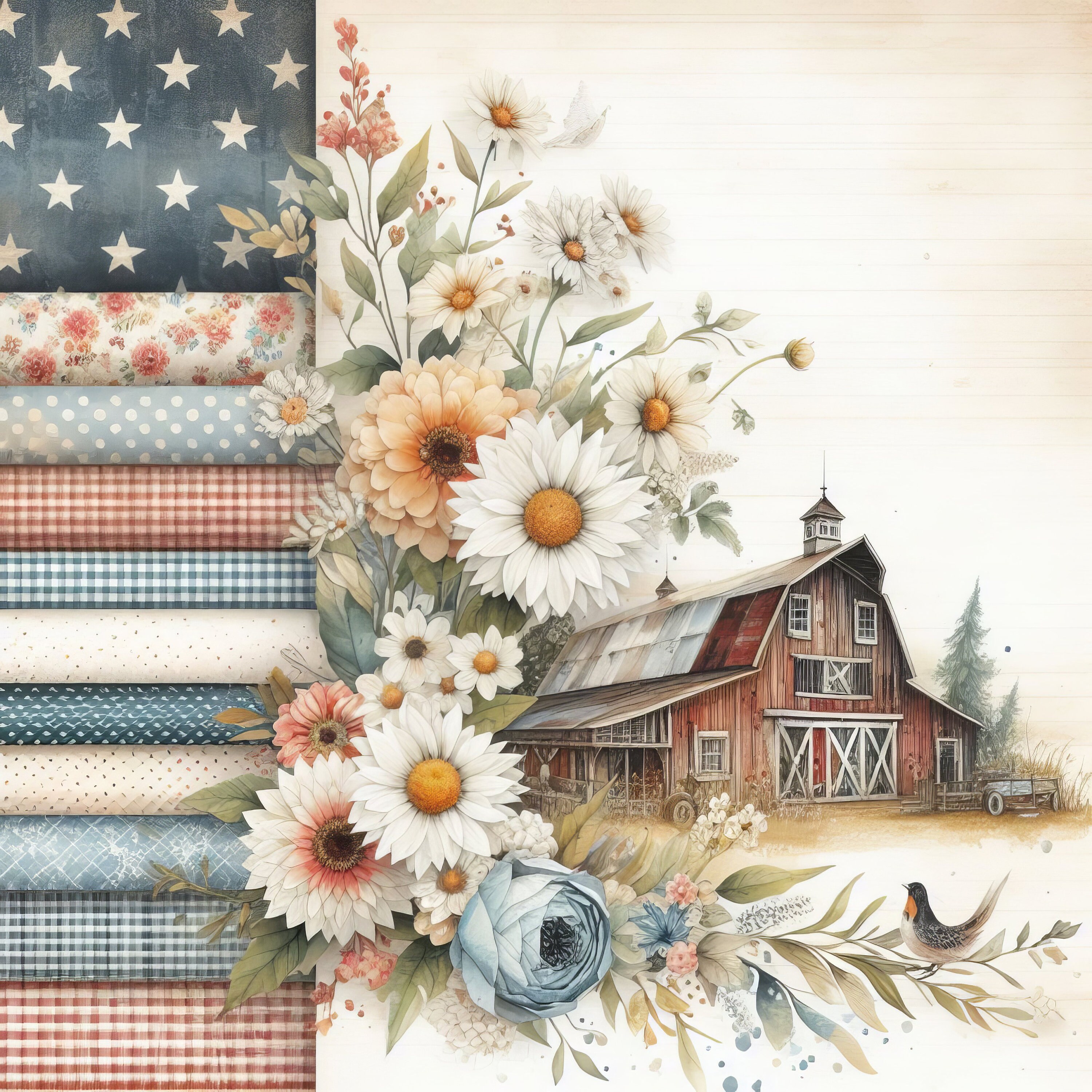 Rustic Barns Calico Digital Papers Farmhouse, Digital Art, Card Making ...