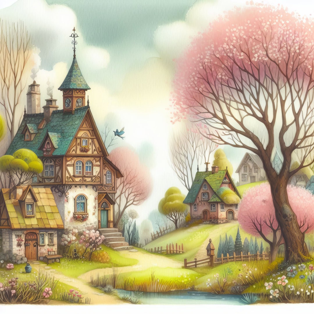 Whimsical Villages in Spring Digital Art, Card Making, Scrapbooking ...