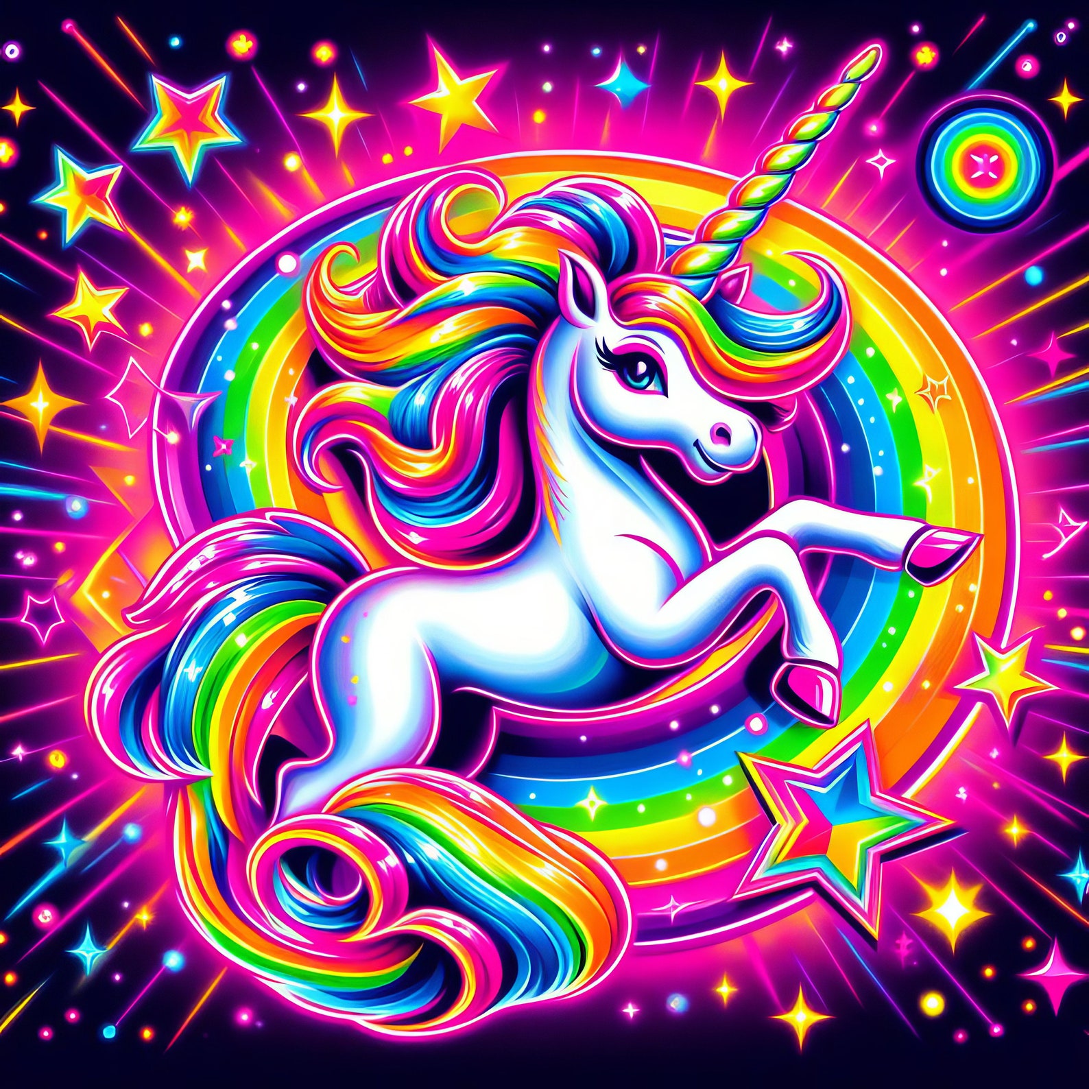 Lisa Frank Inspired Neon Unicorns Digital Art, Retro, 80's, Scrapbooking, Junk Journal, Cartoon ...