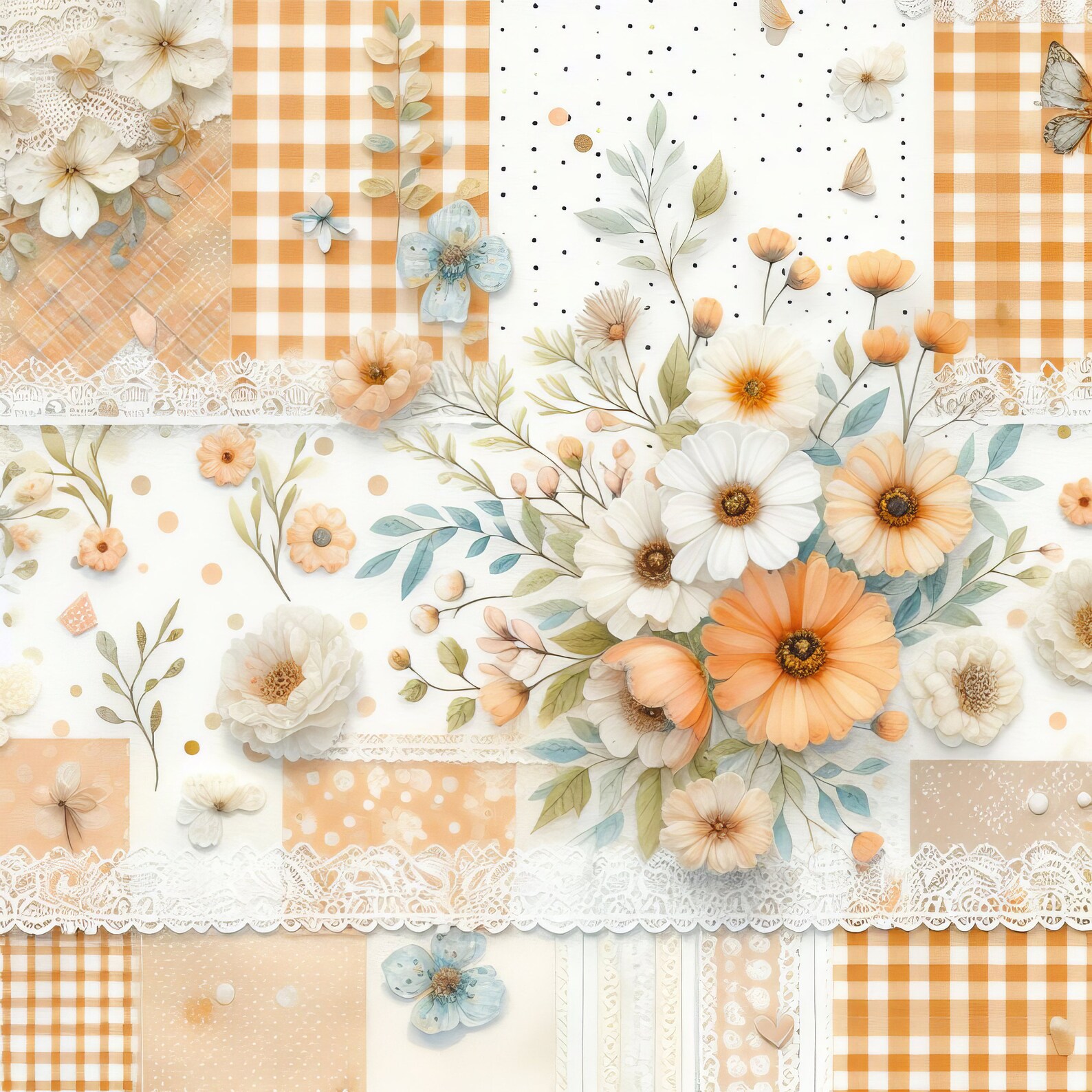 Orange Calico Digital Papers Pastel, Digital Art, Card Making ...