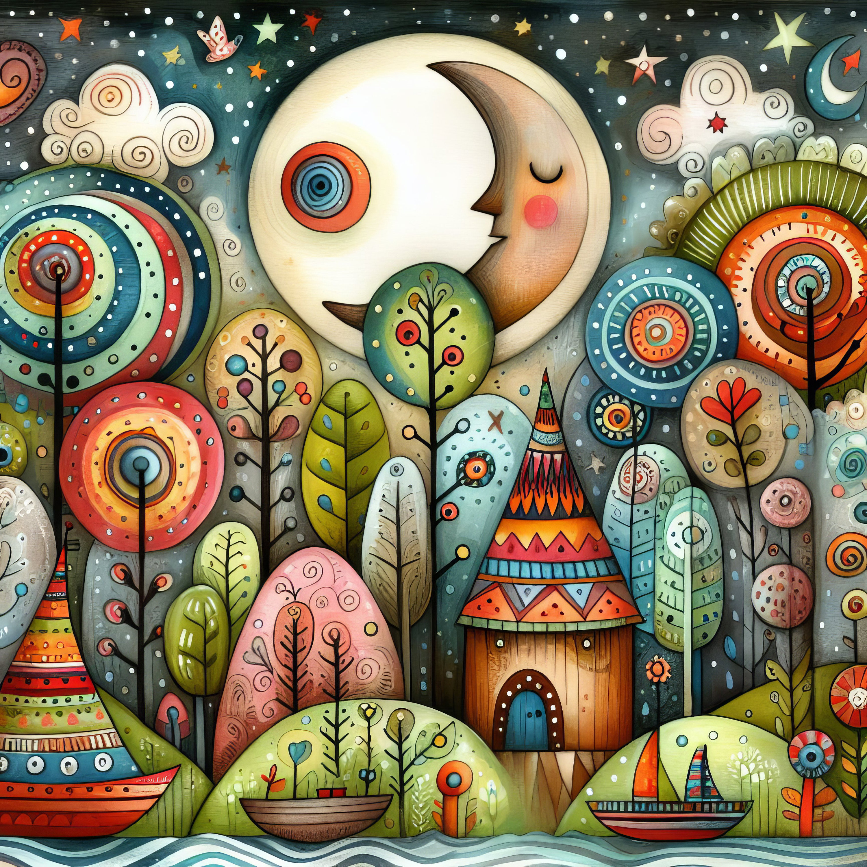 Whimsical Moon Forests Trees, Animals, Kids Room Decor, Digital Art ...