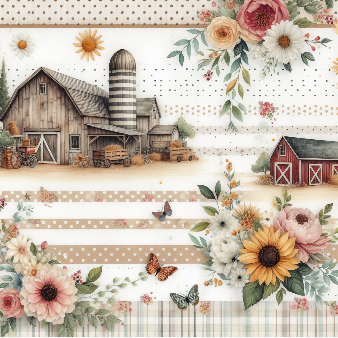 Rustic Barns Calico Digital Papers Farmhouse, Digital Art, Card Making ...