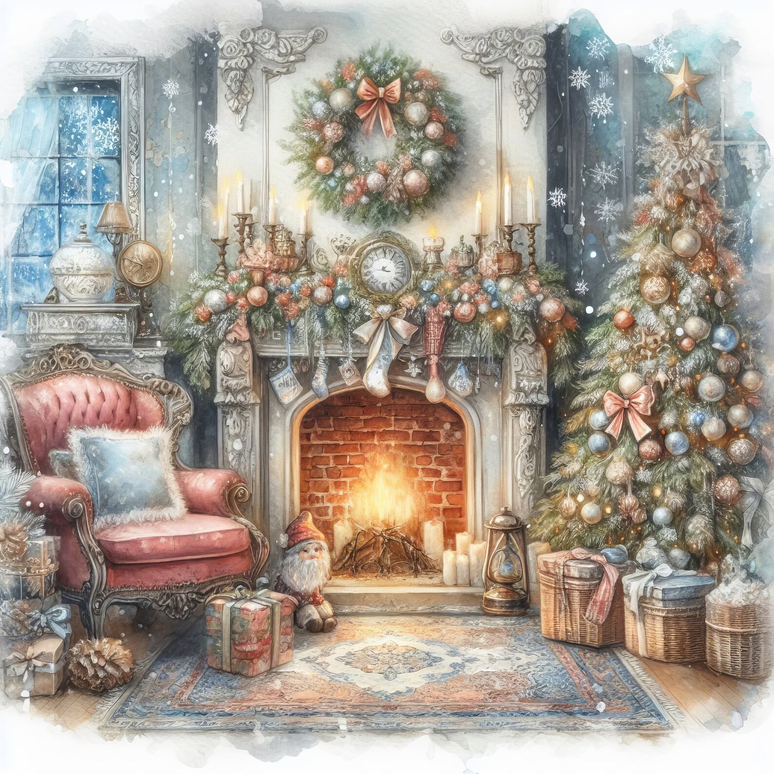 Cozy Christmas Shabby Chic, Fireplace, Stockings, Tree, Vintage ...