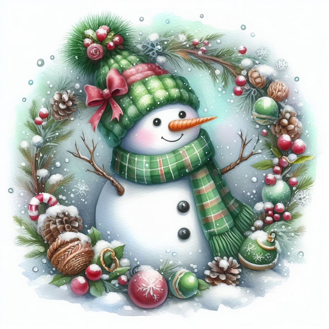 Green Snowmen Wreath, Holiday, Christmas, Winter, Digital Art, Card ...