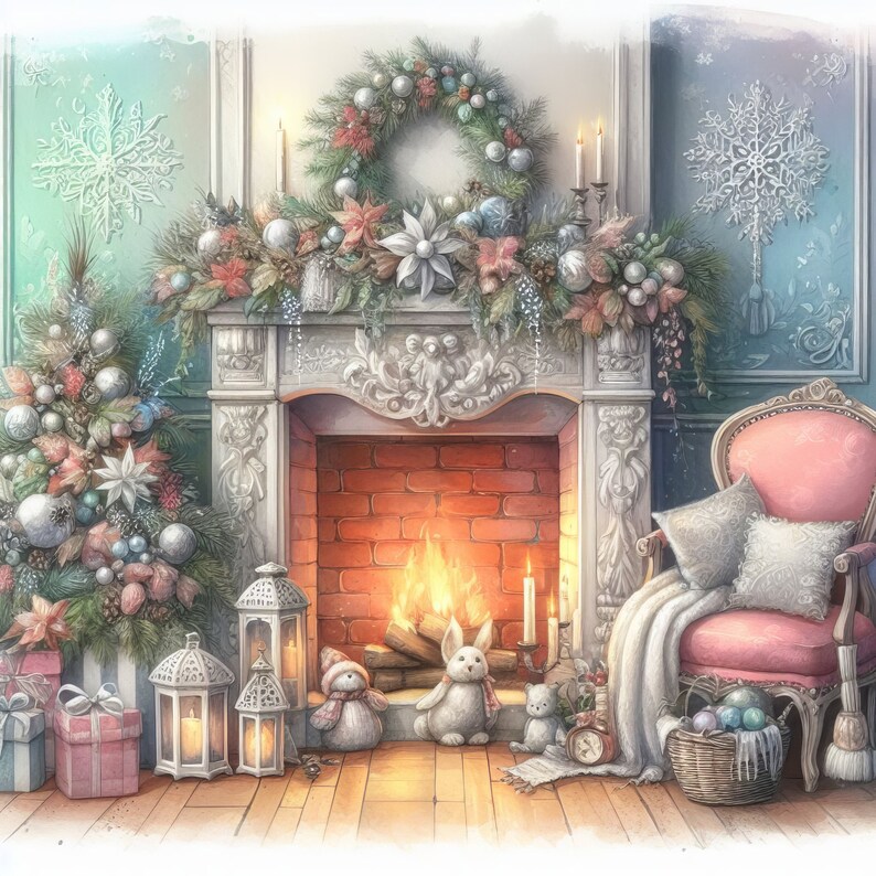 Cozy Christmas Shabby Chic, Fireplace, Stockings, Tree, Vintage ...