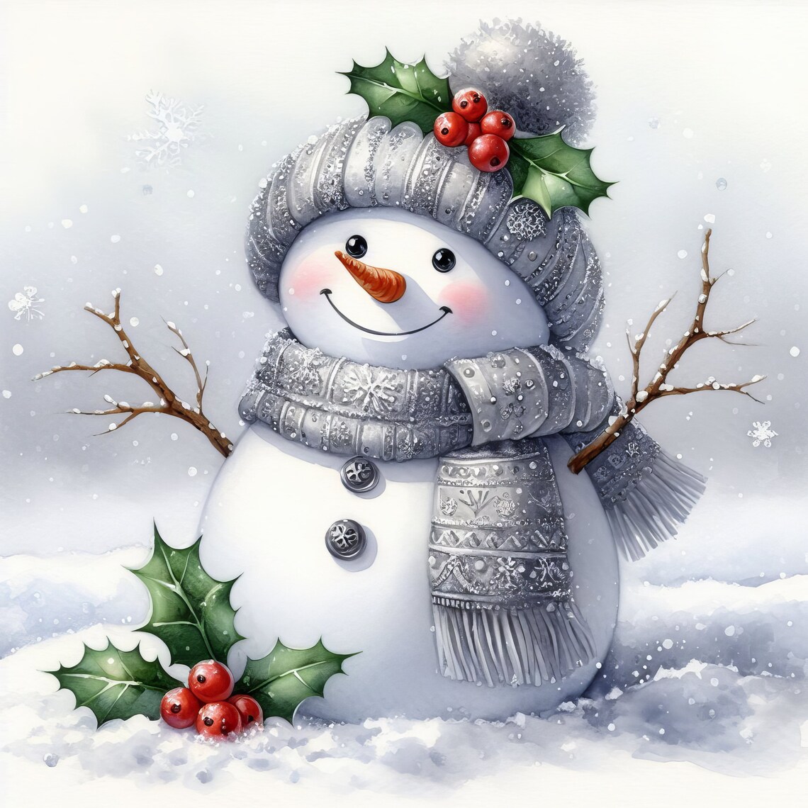 Silver Snowmen Holly, Berries, Christmas, Winter, Digital Art, Card ...