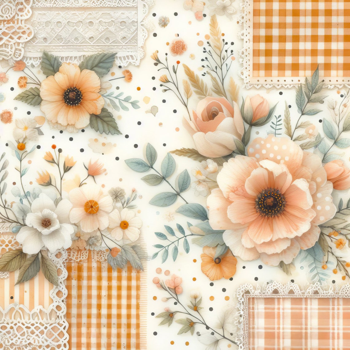 Orange Calico Digital Papers Pastel, Digital Art, Card Making ...