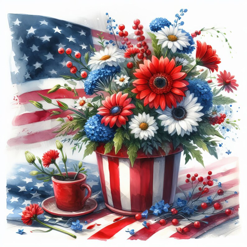 Patriotic Flowers American Flag, July 4th, Digital Art, Card Making ...