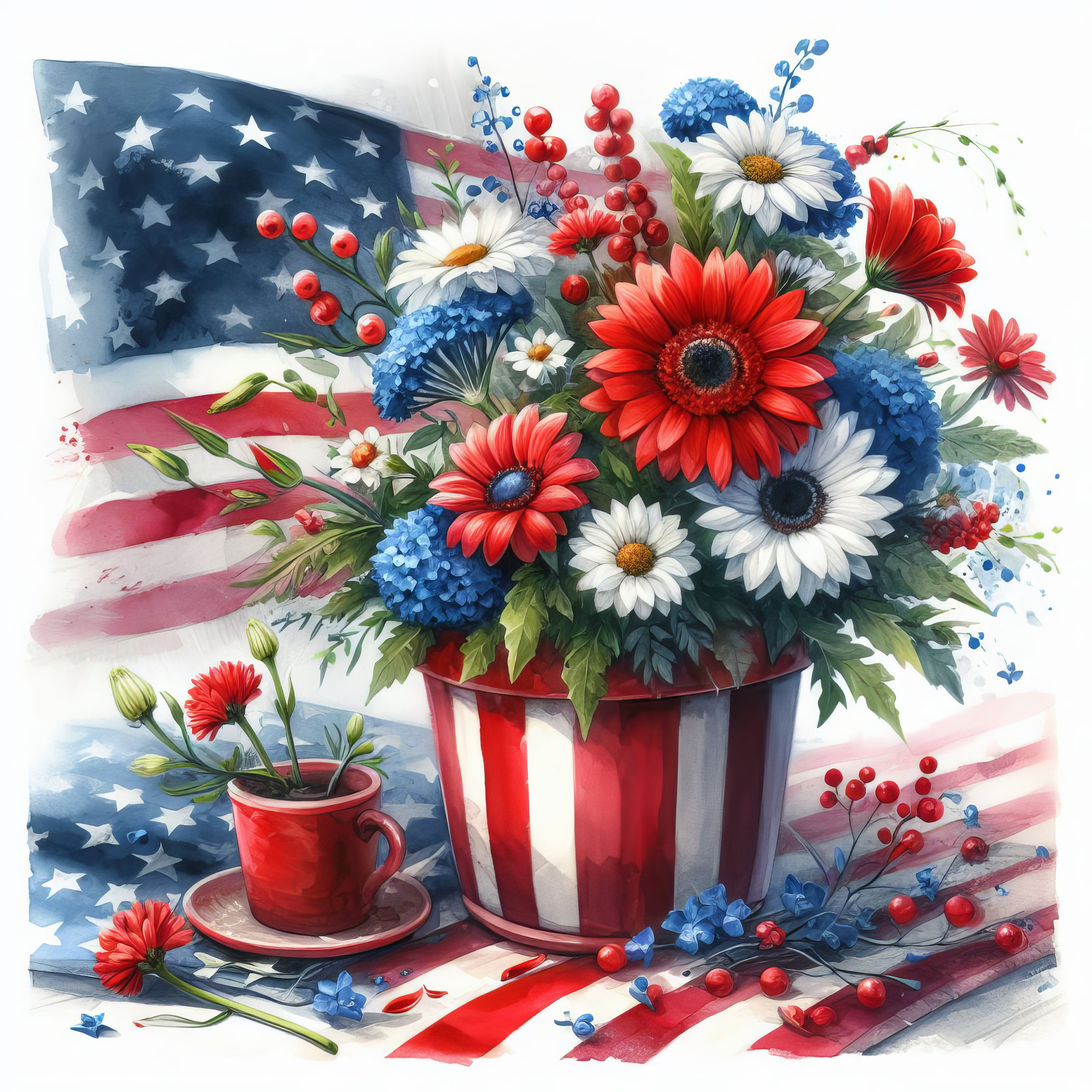 Patriotic Flowers American Flag, July 4th, Digital Art, Card Making ...