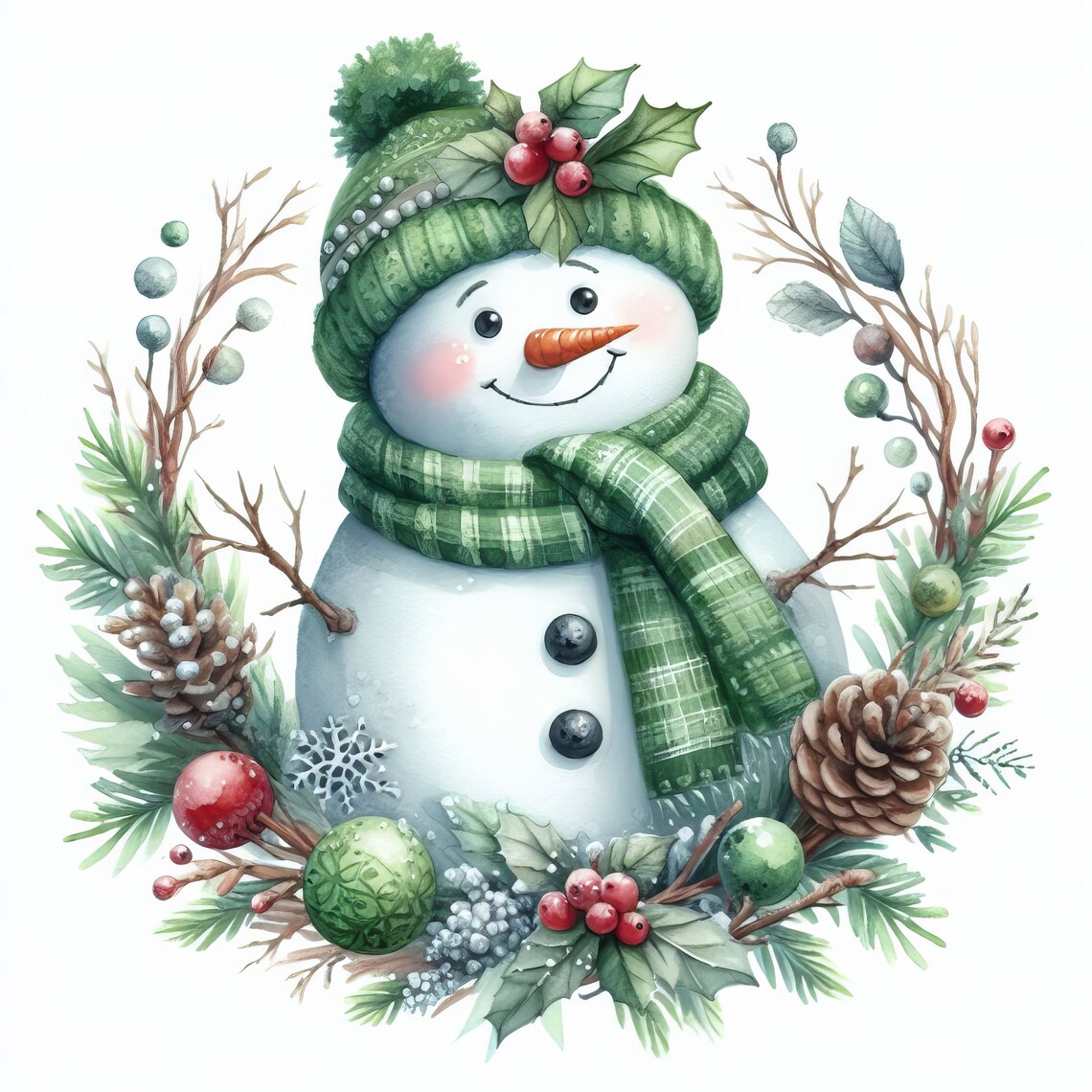 Green Snowmen Wreath, Holiday, Christmas, Winter, Digital Art, Card ...