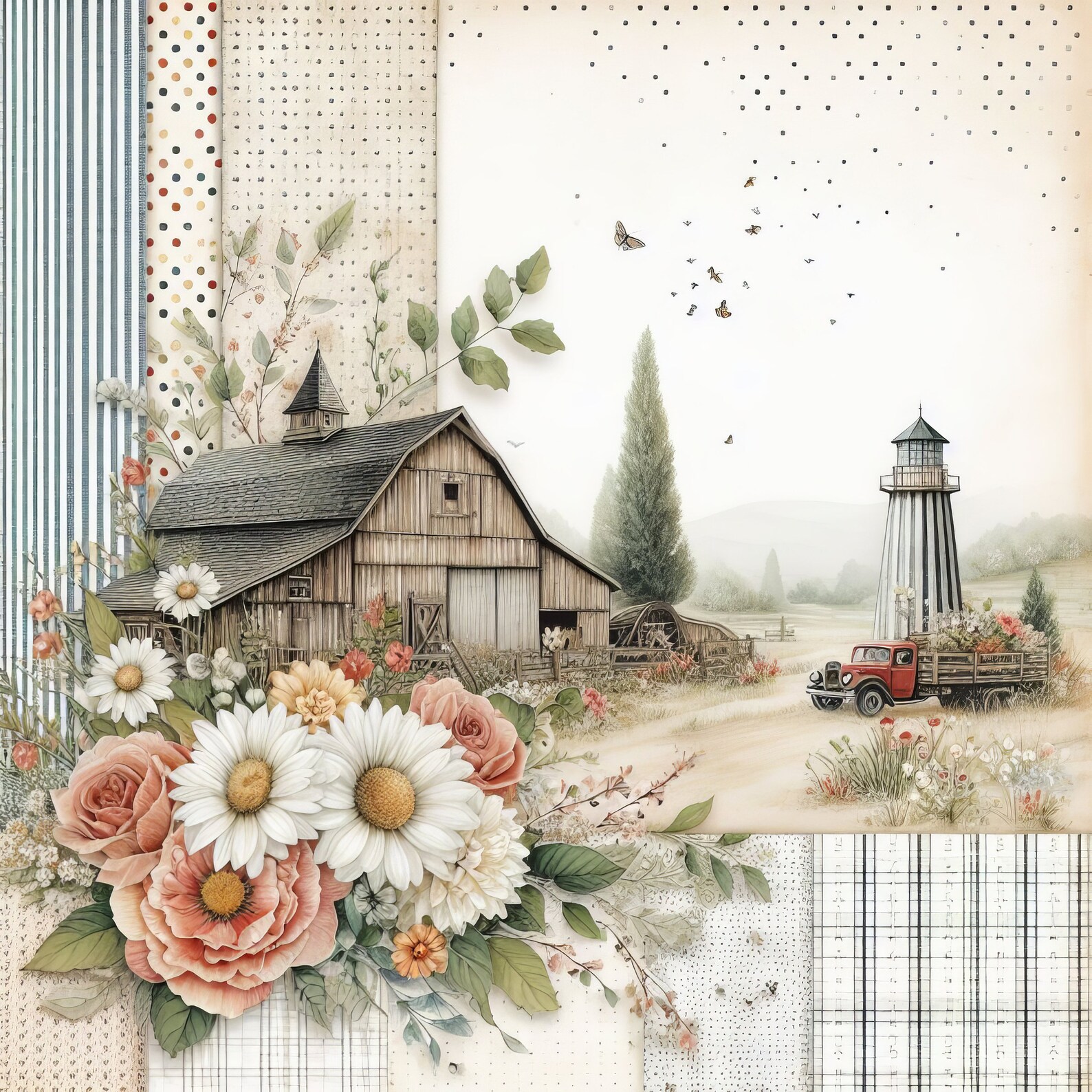 Rustic Barns Calico Digital Papers Farmhouse, Digital Art, Card Making ...