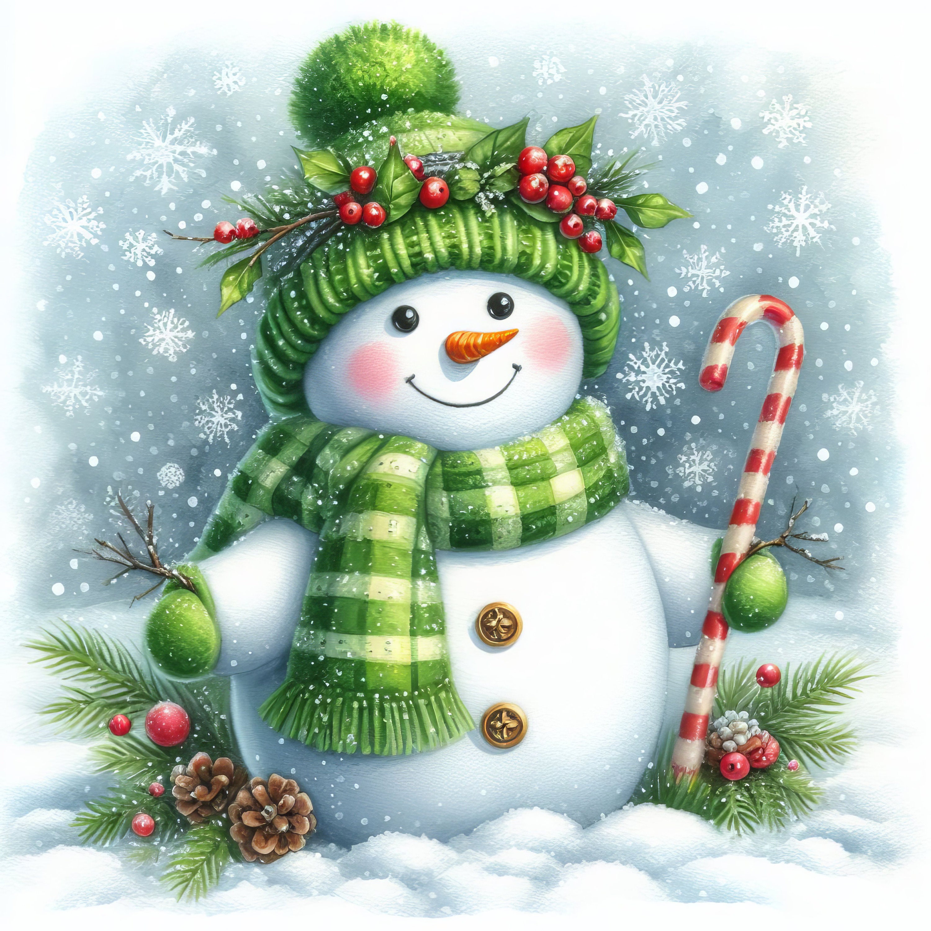 Green Snowmen Wreath, Holiday, Christmas, Winter, Digital Art, Card ...