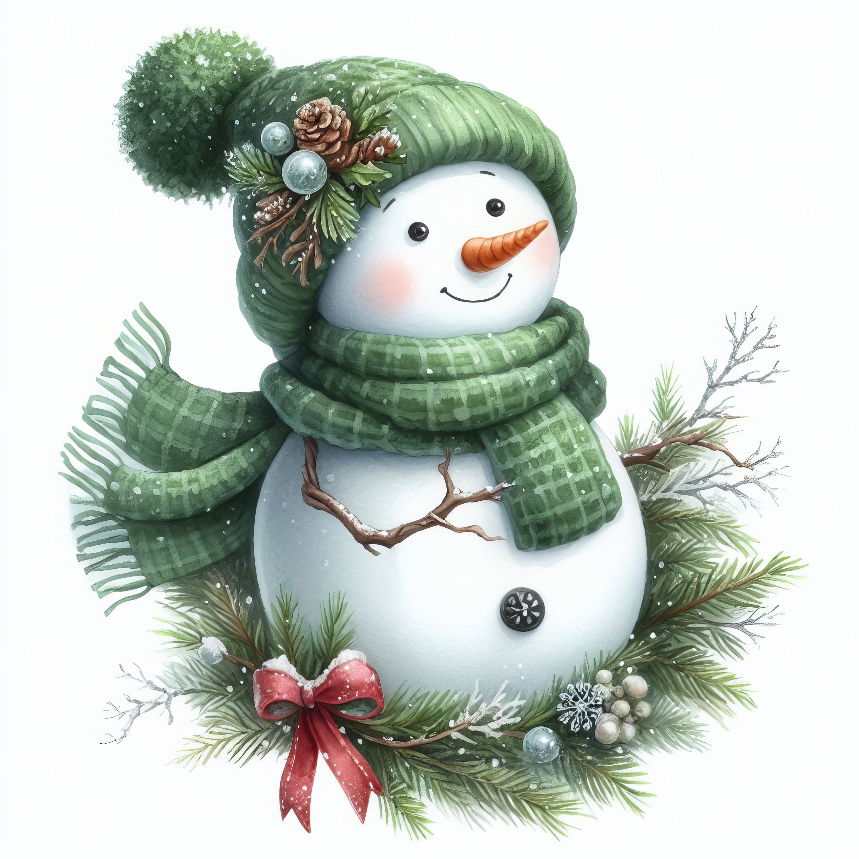 Green Snowmen Wreath, Holiday, Christmas, Winter, Digital Art, Card ...