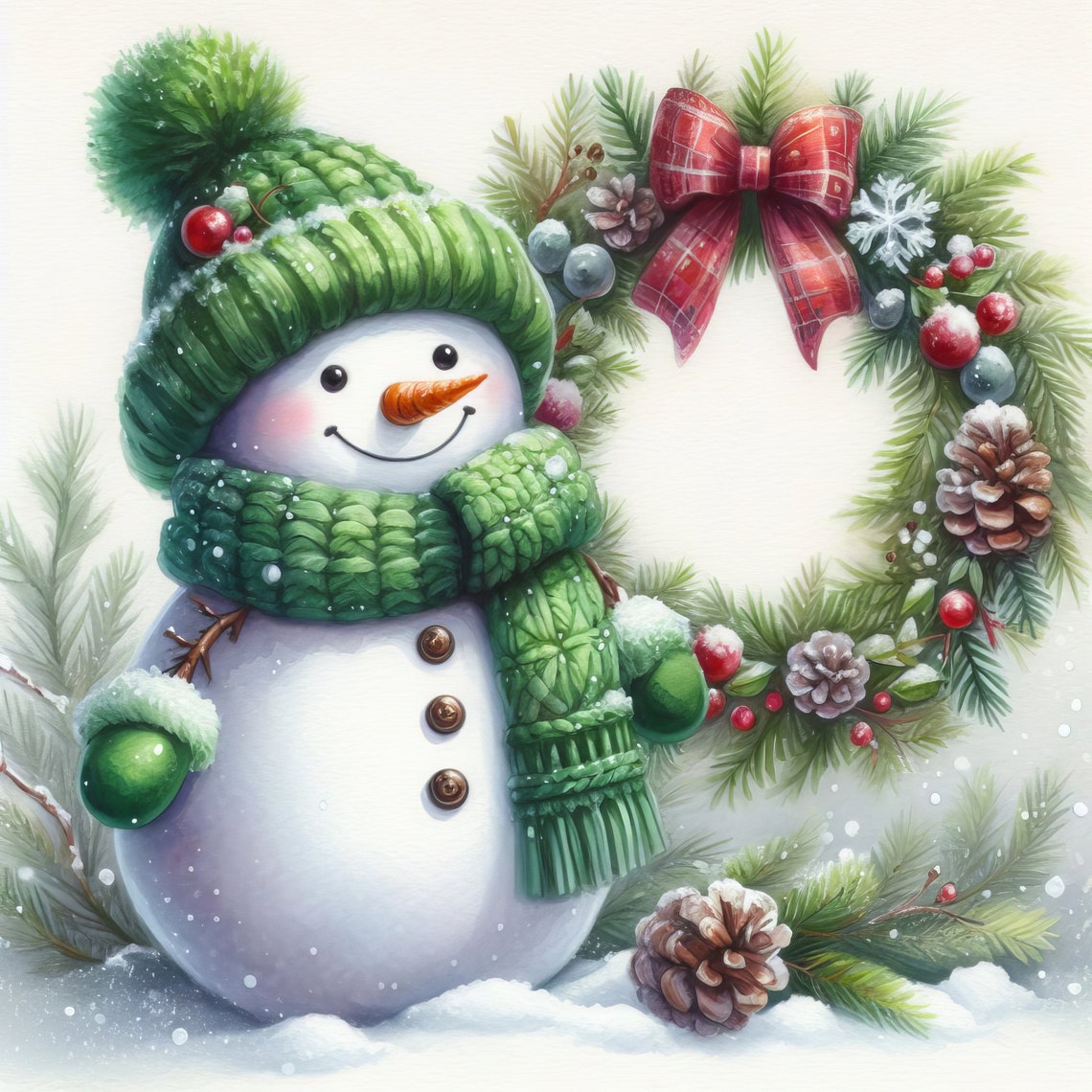 Green Snowmen Wreath, Holiday, Christmas, Winter, Digital Art, Card ...