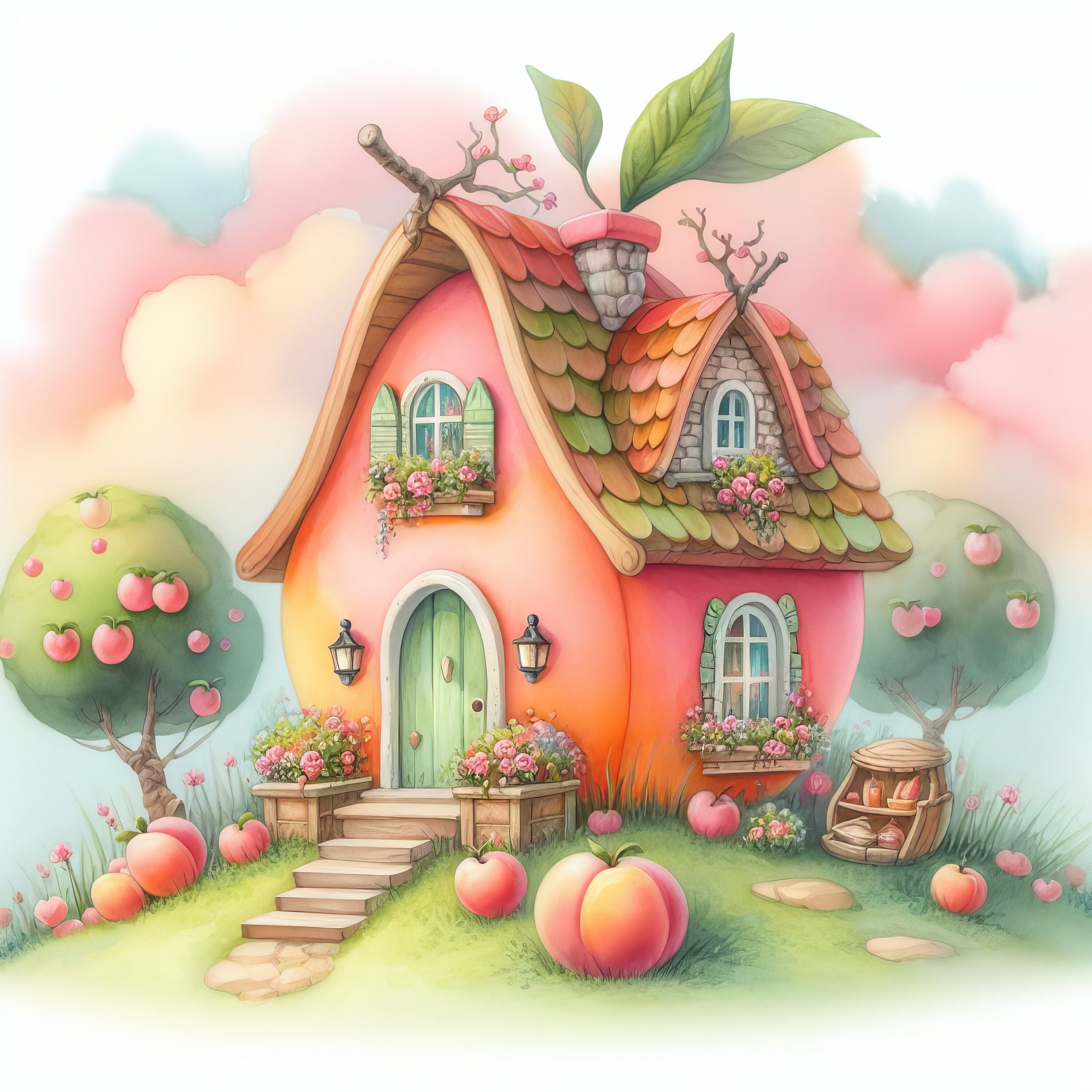 Peach Cottages Whimsical, Forest, Fruit, Digital Art, Card Making ...