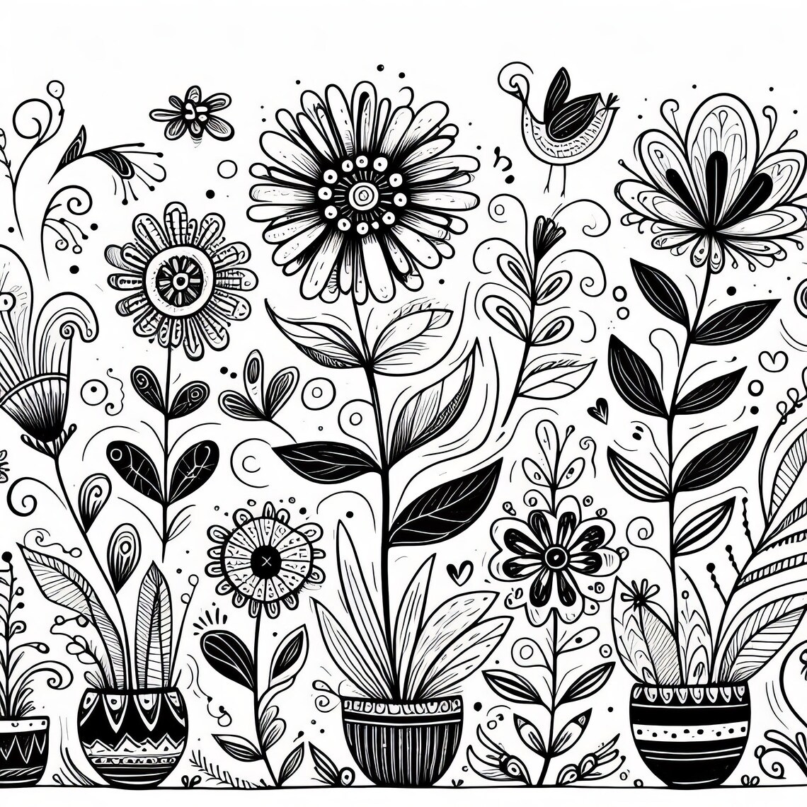 Printable Whimsical Doodle Flowers Coloring Pages Adult Coloring Book ...